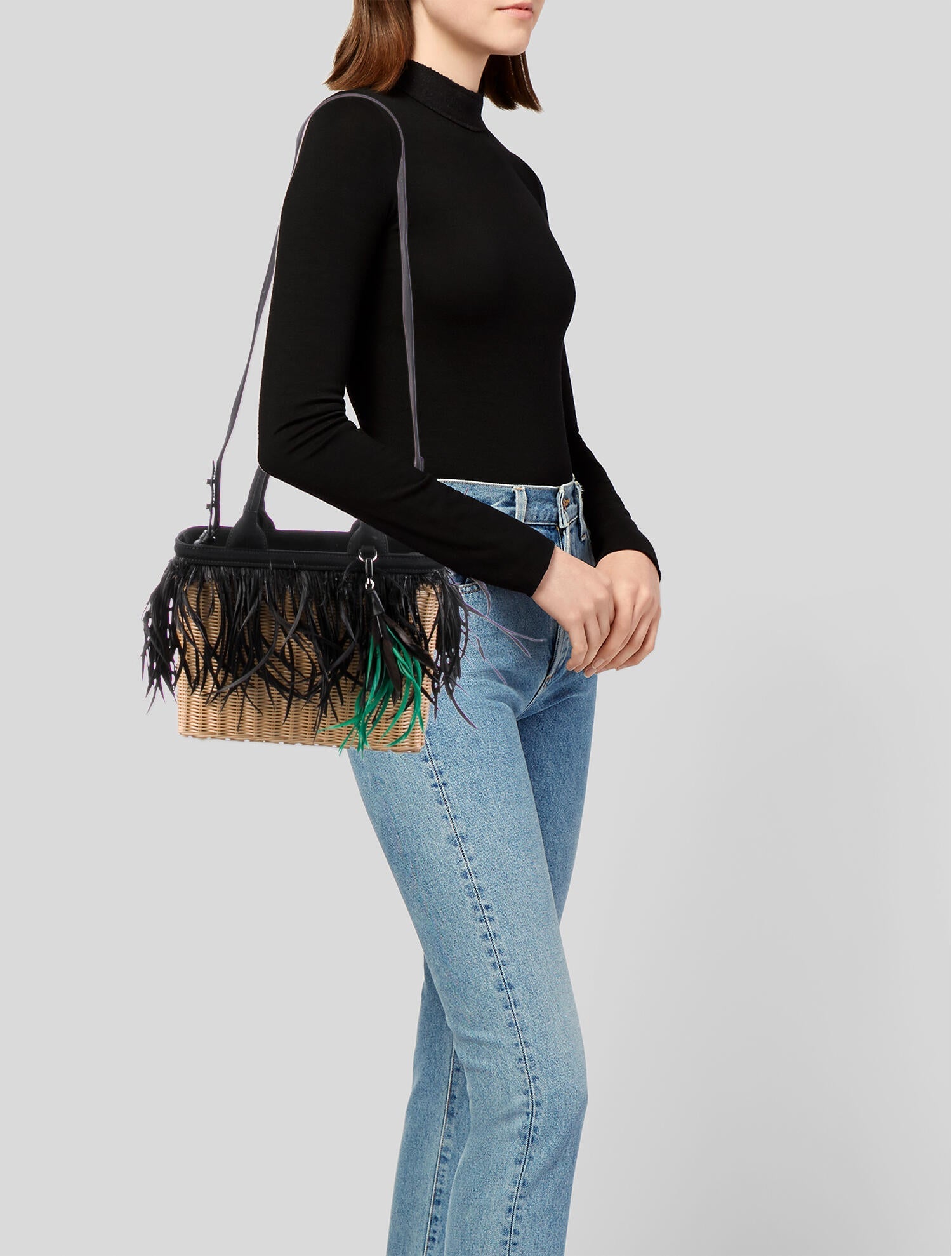 Prada Feather-Trimmed Midollino Handle Bag - Neutrals Handle Bags ...