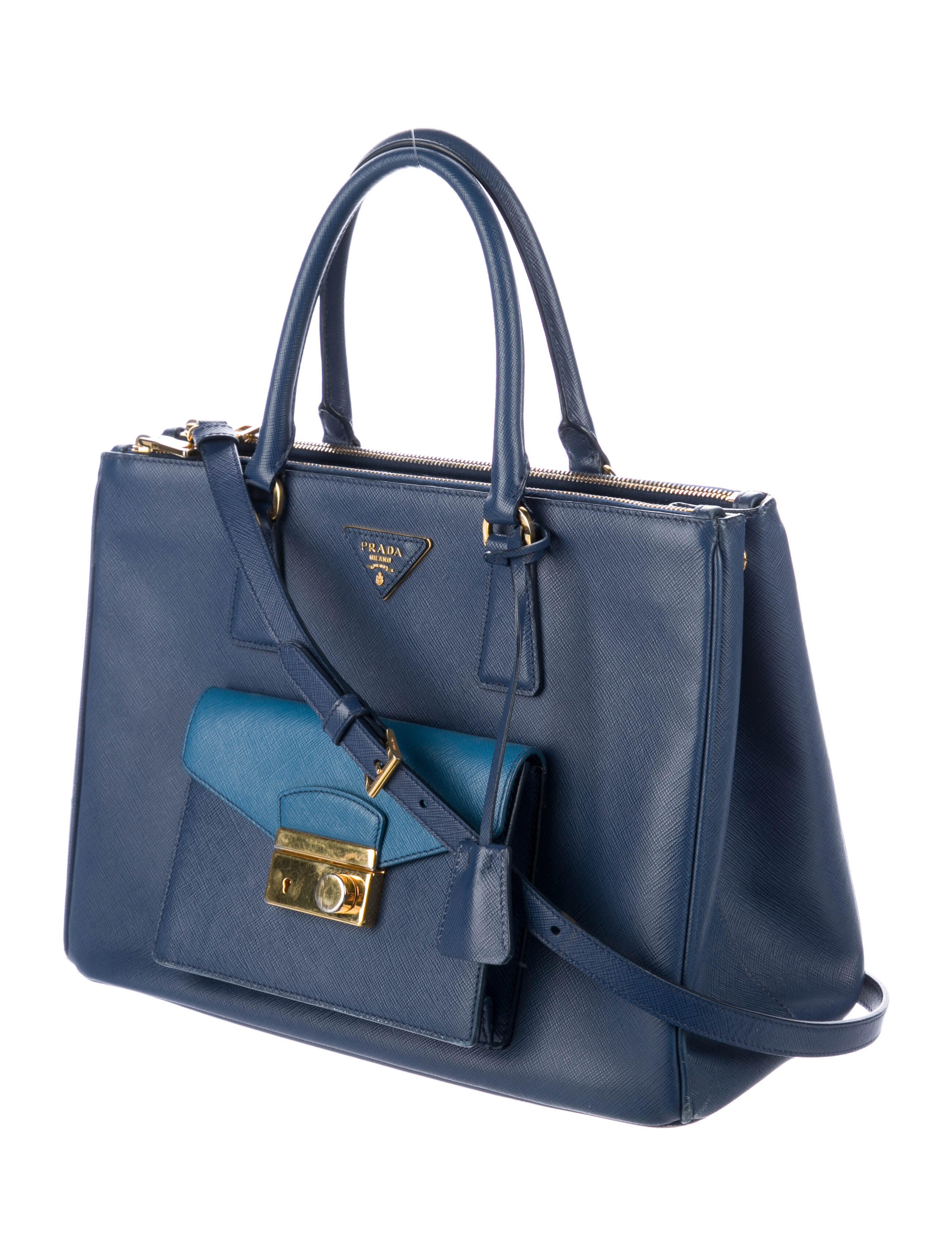 Prada Saffiano Lux Front Pocket Double Zip Tote - Blue Totes, Handbags ...