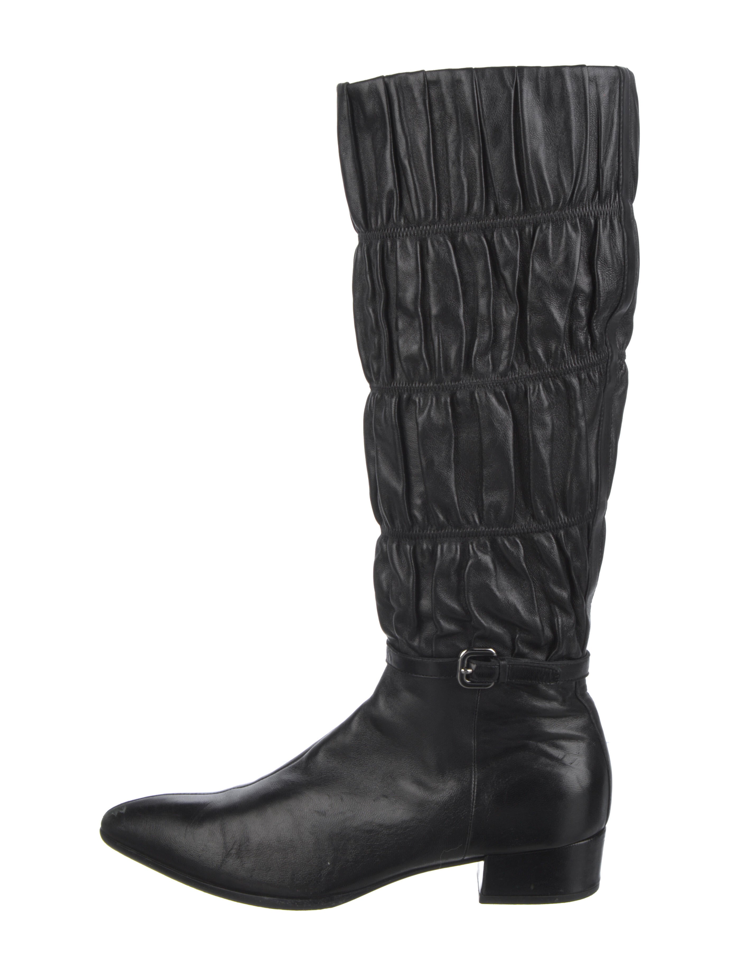 Prada Leather Pleated Accents Riding Boots - Black Boots, Shoes ...