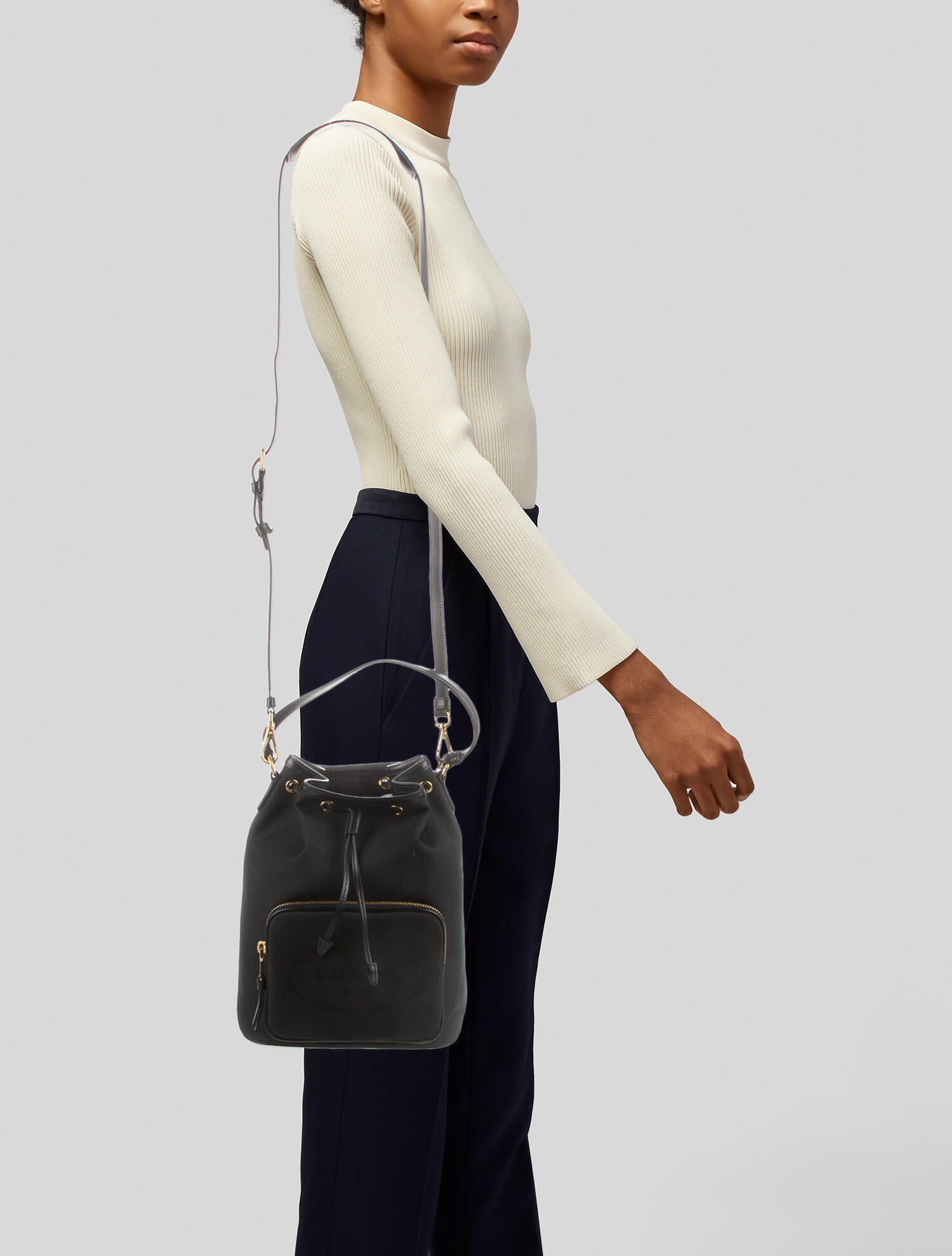 Prada Logo Jacquard Bucket Bag - Black Bucket Bags, Handbags ...