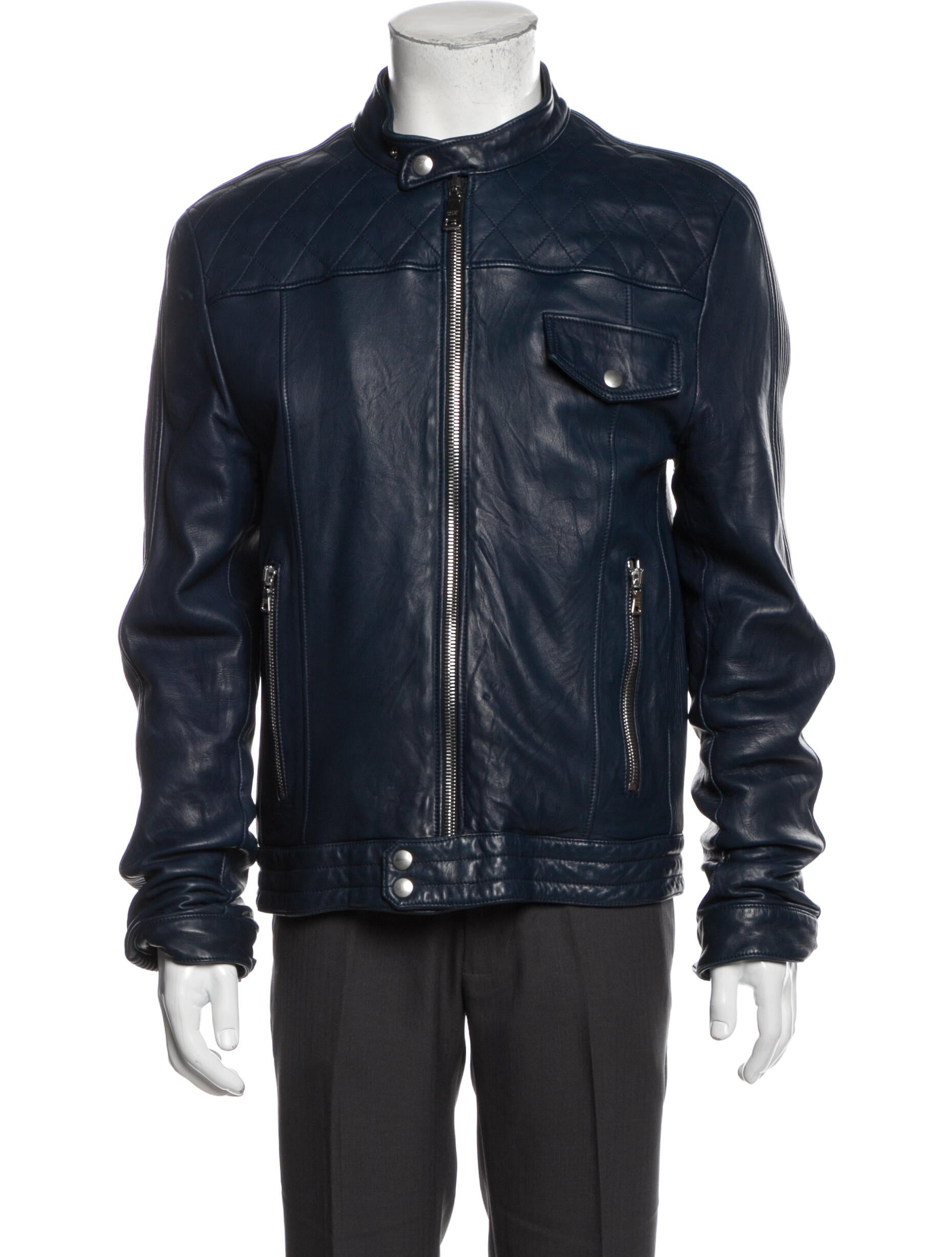 Prada Leather Moto Jacket - Blue Outerwear, Clothing - PRA803135 | The ...