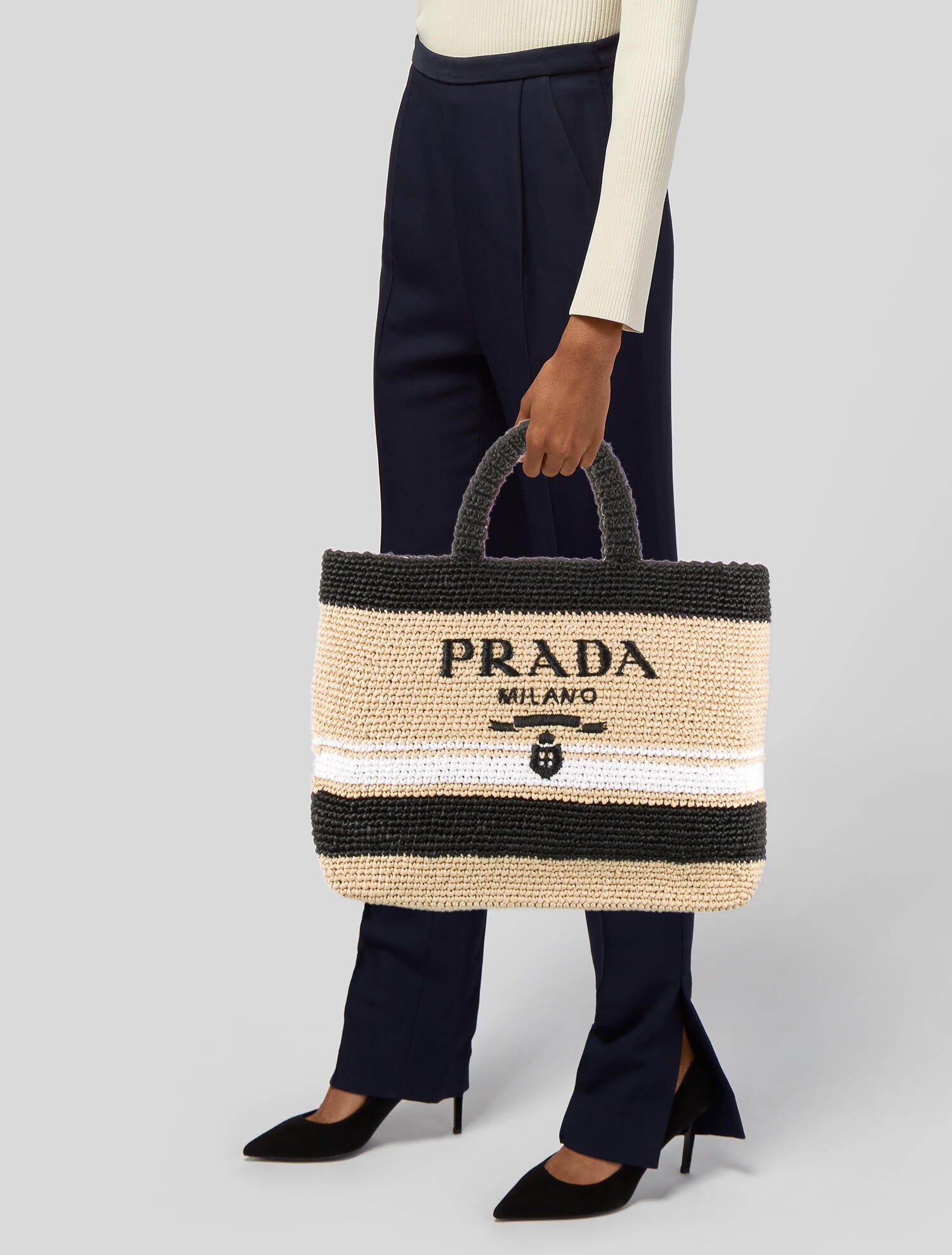 Prada Raffia Logo Tote w/ Tags - Neutrals Totes, Handbags - PRA805453 ...