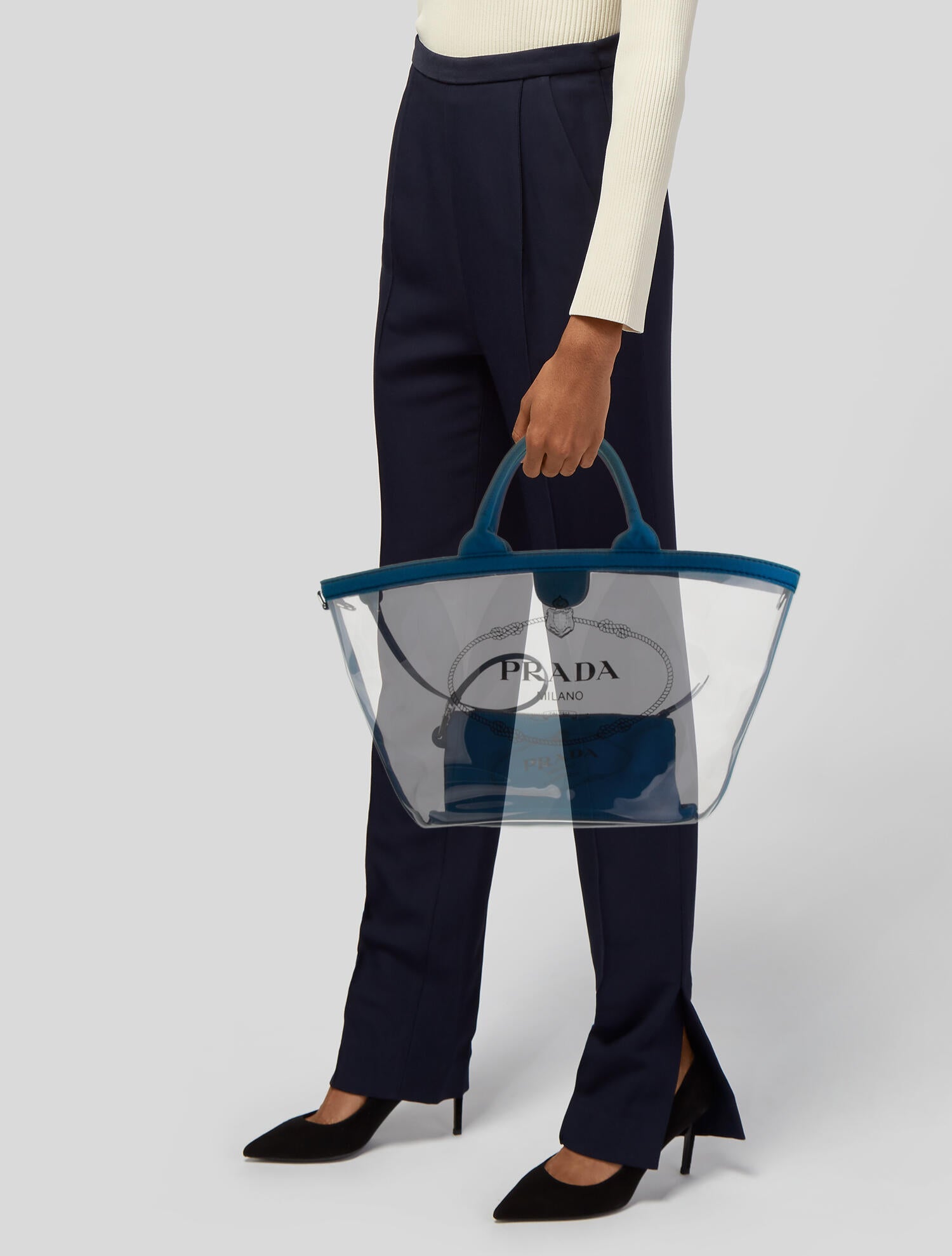Prada Canapa-Trimmed Logo Tote w/ Pouch - Clear Totes, Handbags ...