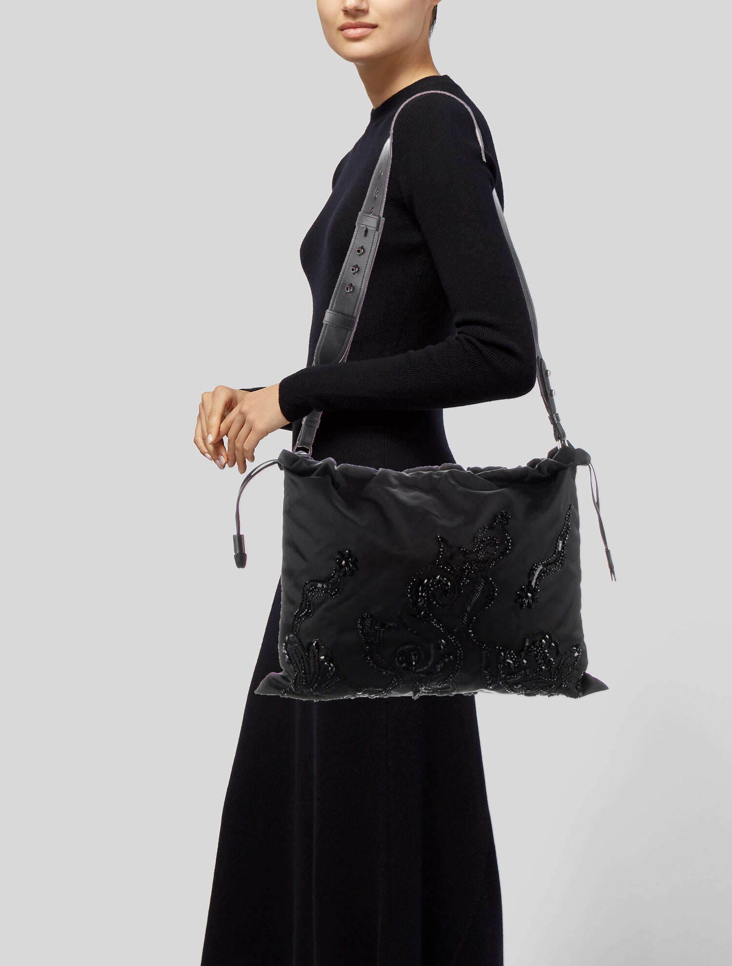 Prada Beaded Tessuto Drawstring Bag - Black Bucket Bags, Handbags ...