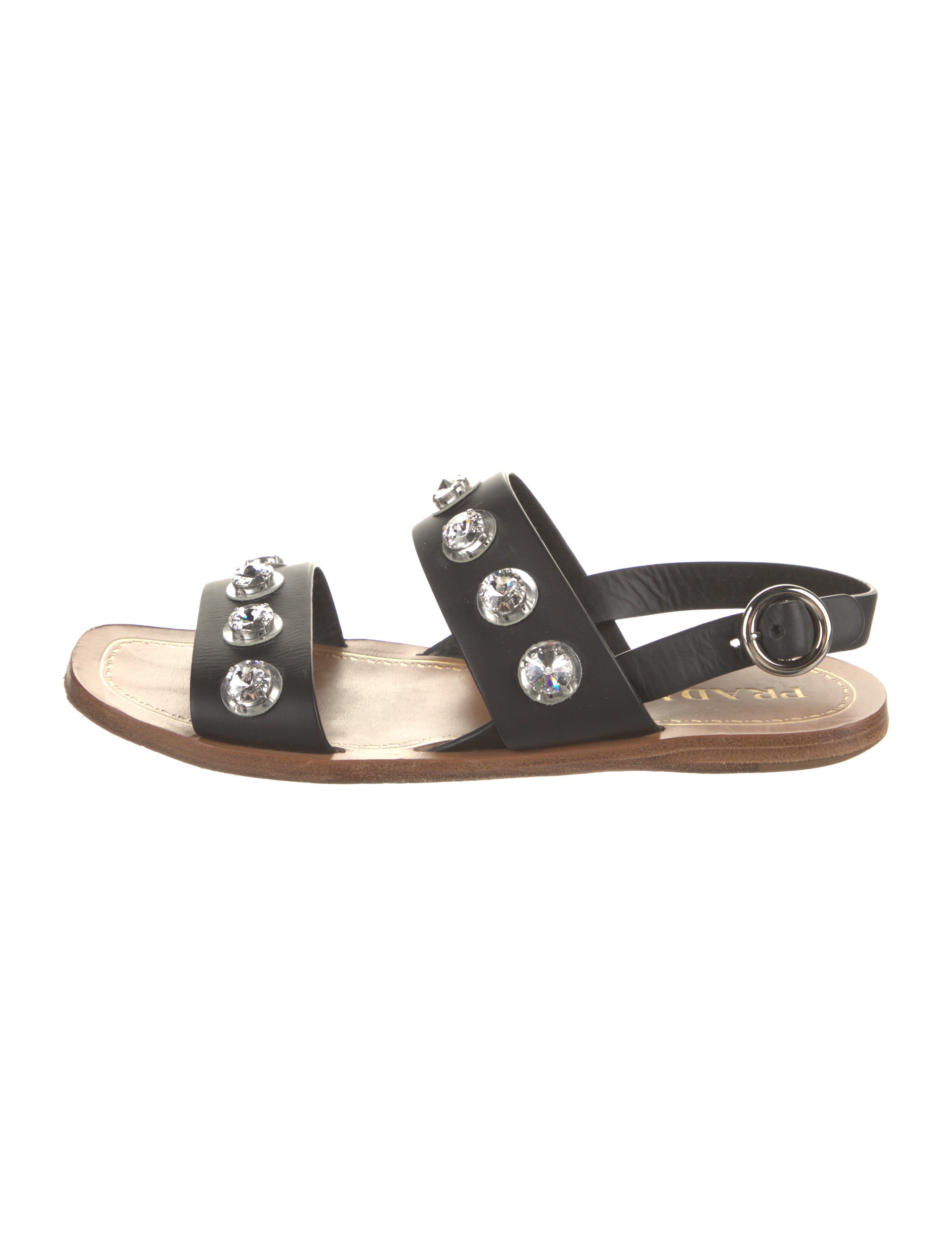 Prada Leather Crystal Embellishments Gladiator Sandals - Black Sandals ...