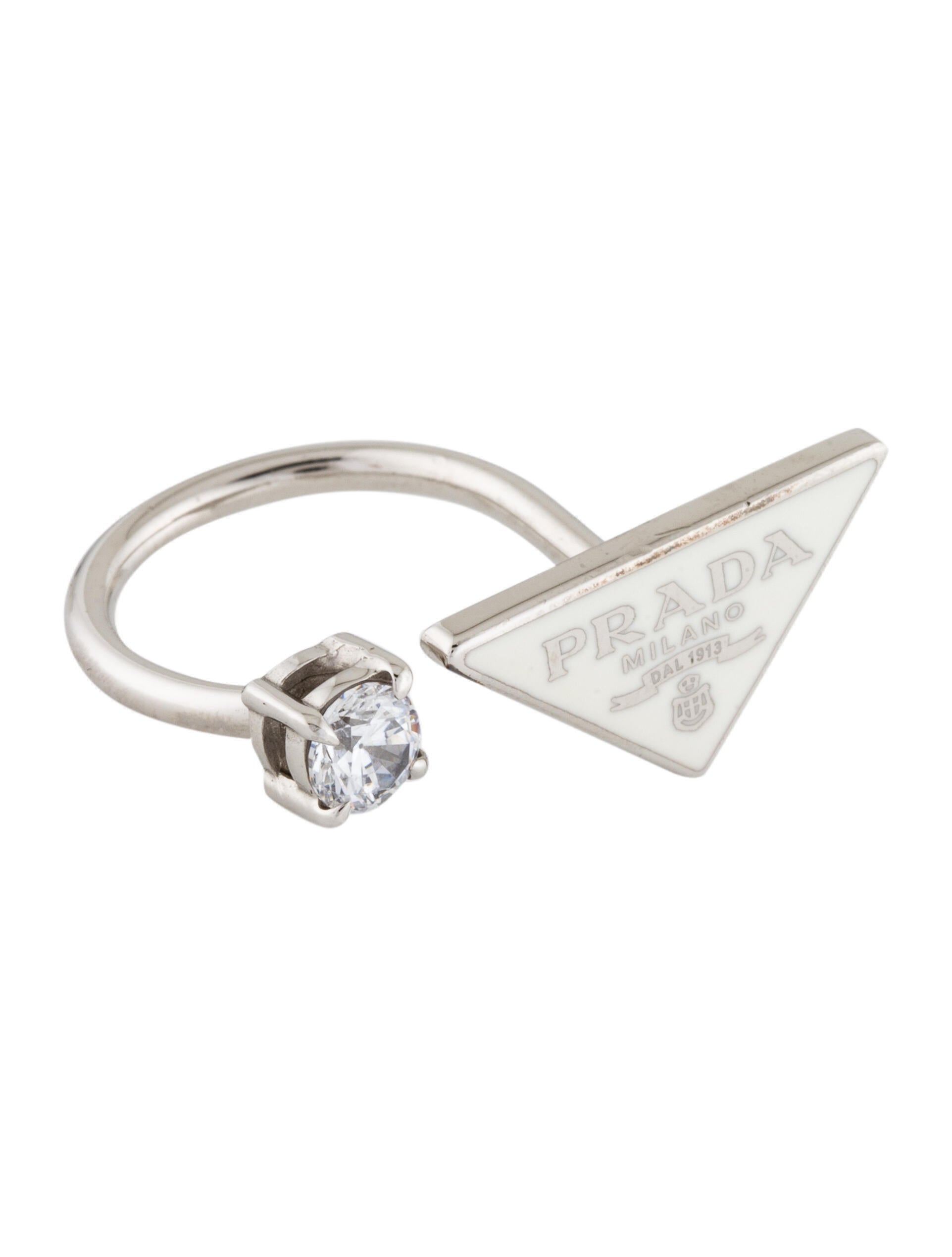 Prada Crystal & Enamel Symbole Cocktail Ring - White, Sterling Silver ...