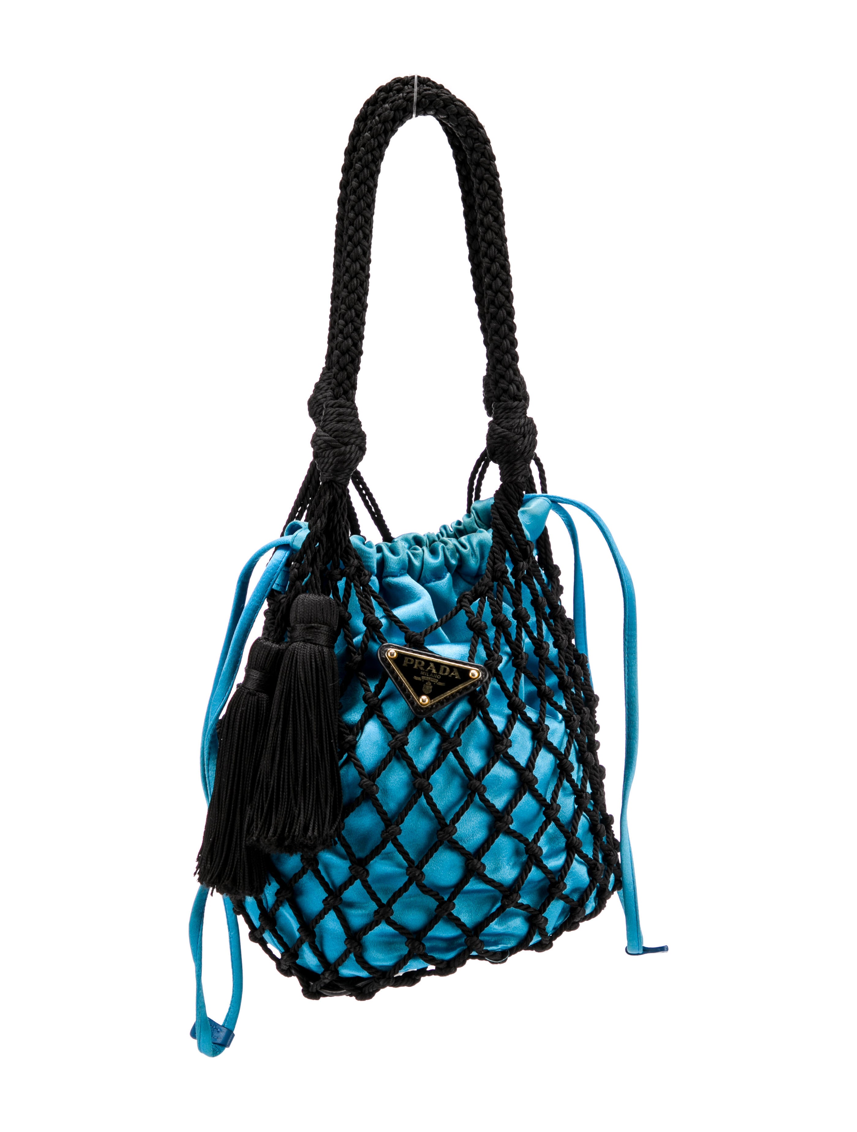 Prada Raso Net Drawstring Bucket Bag - Blue Handle Bags, Handbags ...