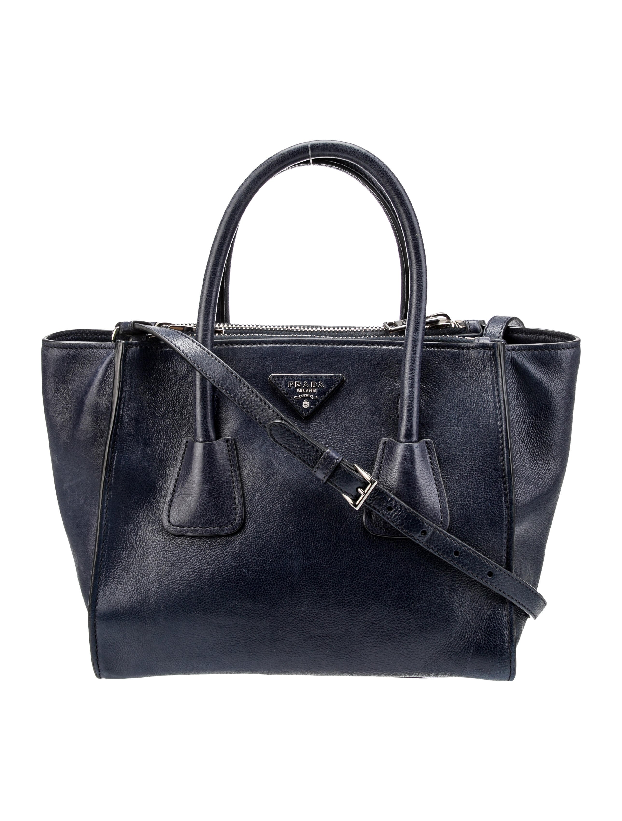 Prada Small Glace Calf Twin Pocket Tote - Blue Totes, Handbags ...