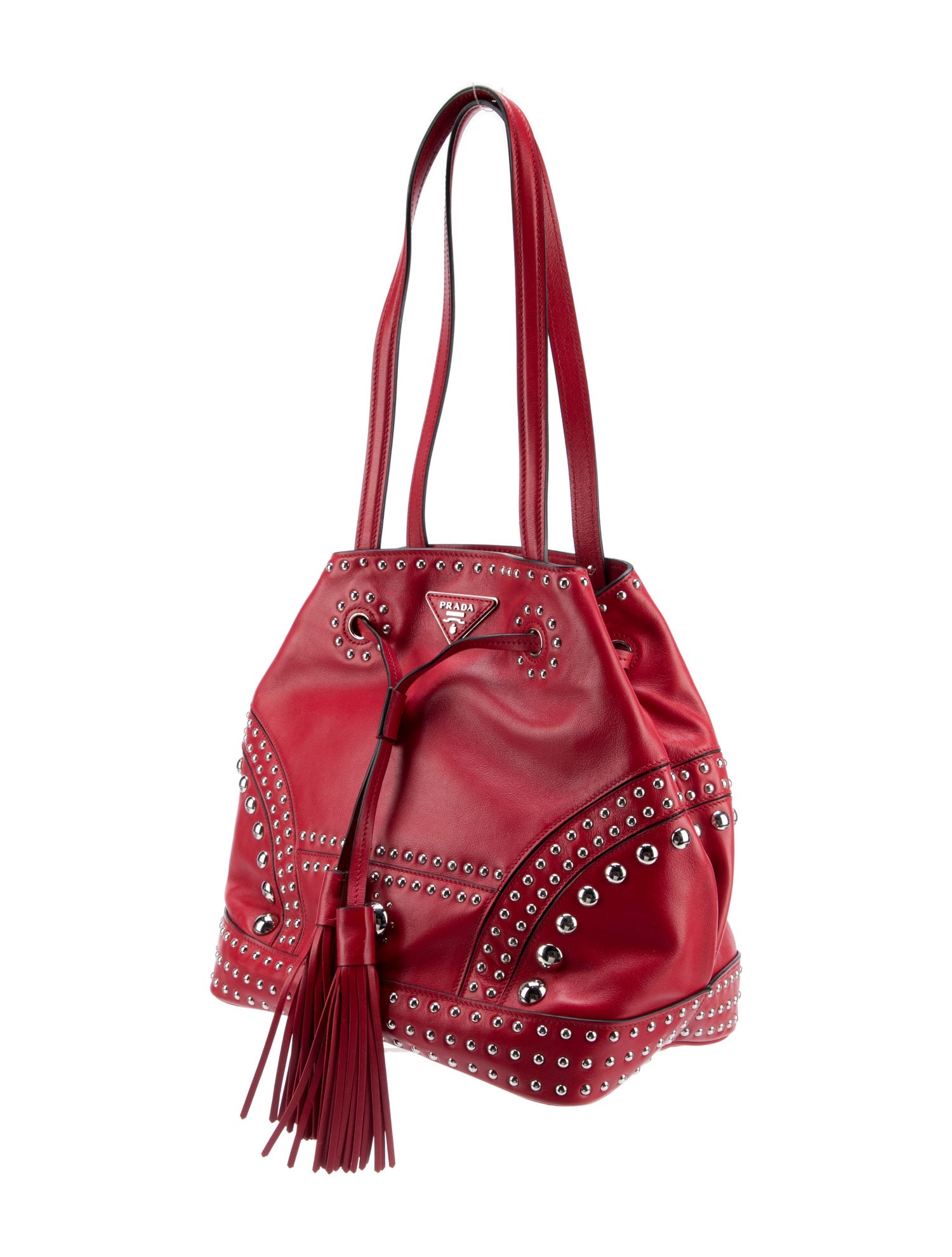 Prada Soft Calf Studded Bucket Bag - Red Bucket Bags, Handbags ...