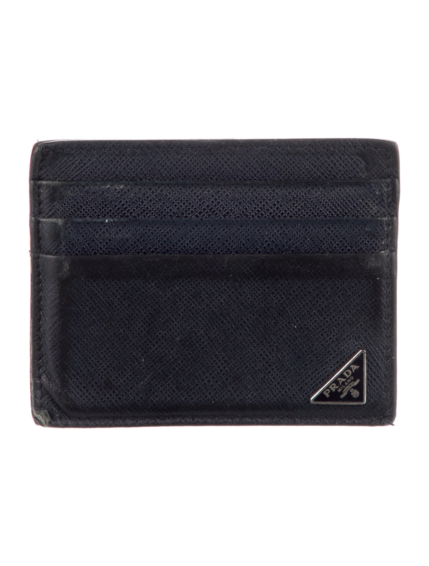 Prada Saffiano Triangle Leather Card Holder - Blue Wallets, Accessories ...