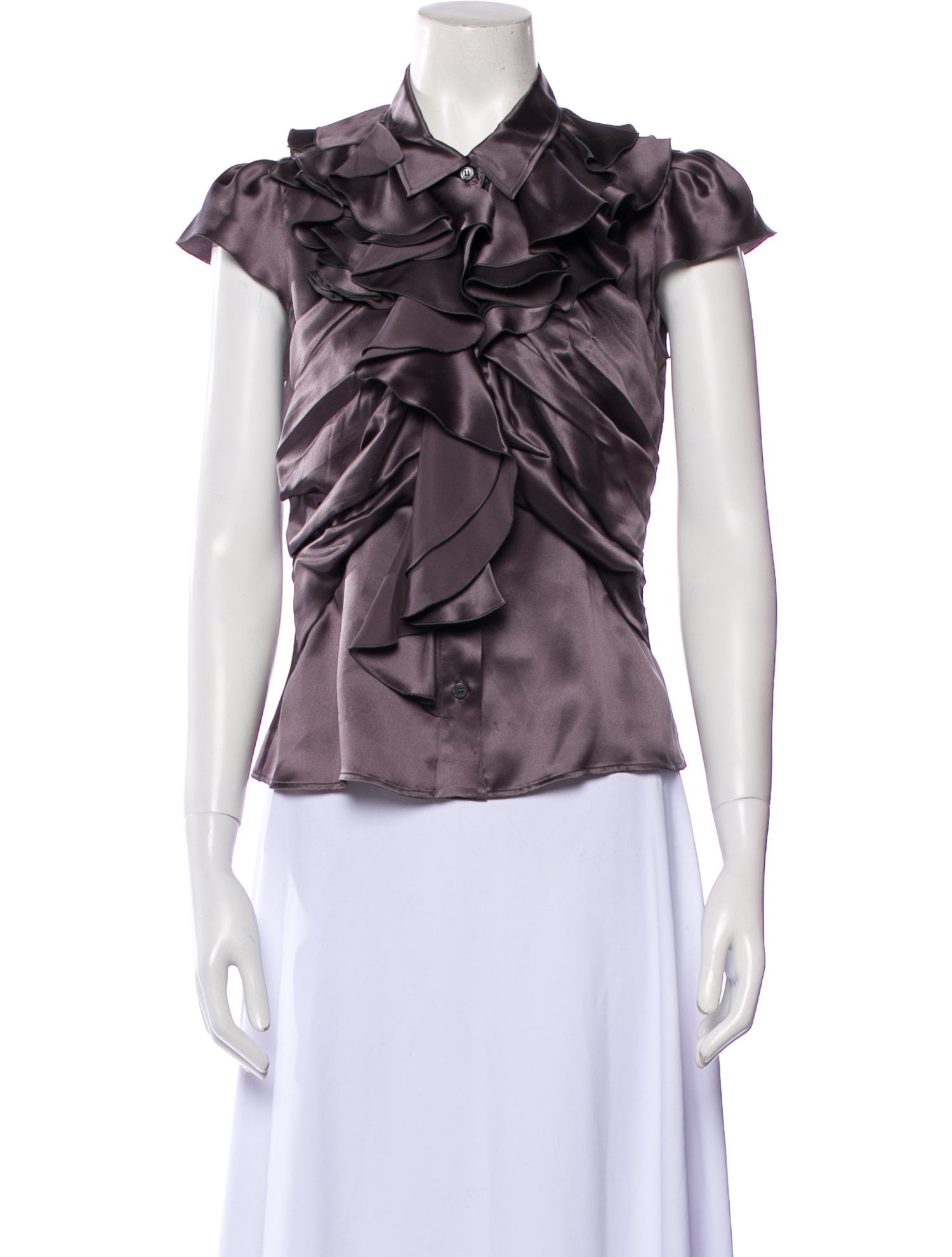 Prada Silk Short Sleeve Button-Up Top - Grey Tops, Clothing - PRA914903 ...