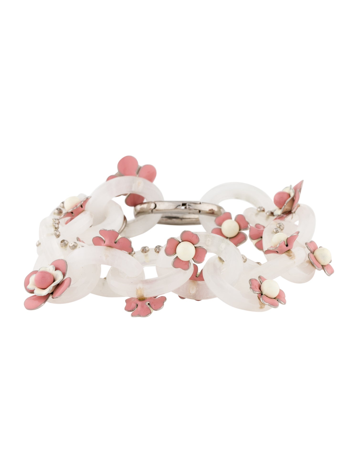 Prada Enamel & Resin Bloom Link Bracelet - Pink, Silver-Tone Metal Link ...