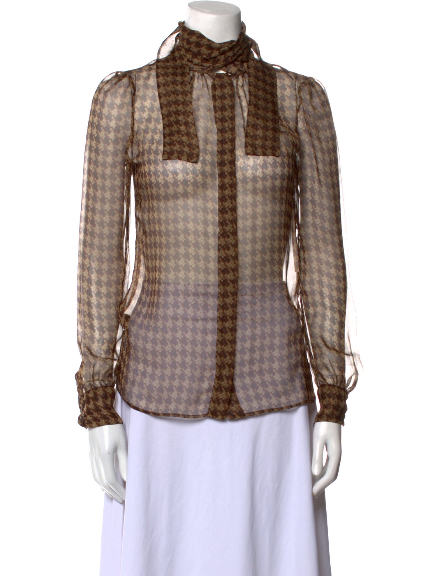 Prada Houndstooth Print Mock Neck Blouse - Brown Tops, Clothing ...