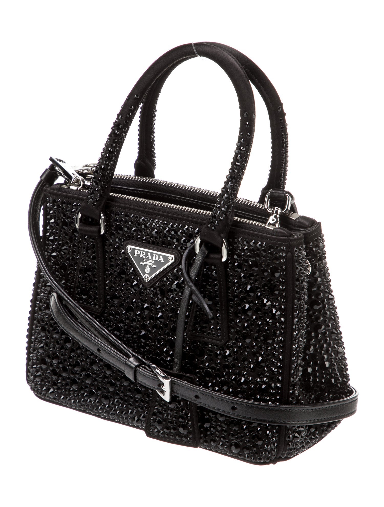 Prada Crystal Galleria Double Zip Mini Top Handle Bag - Black Handle ...