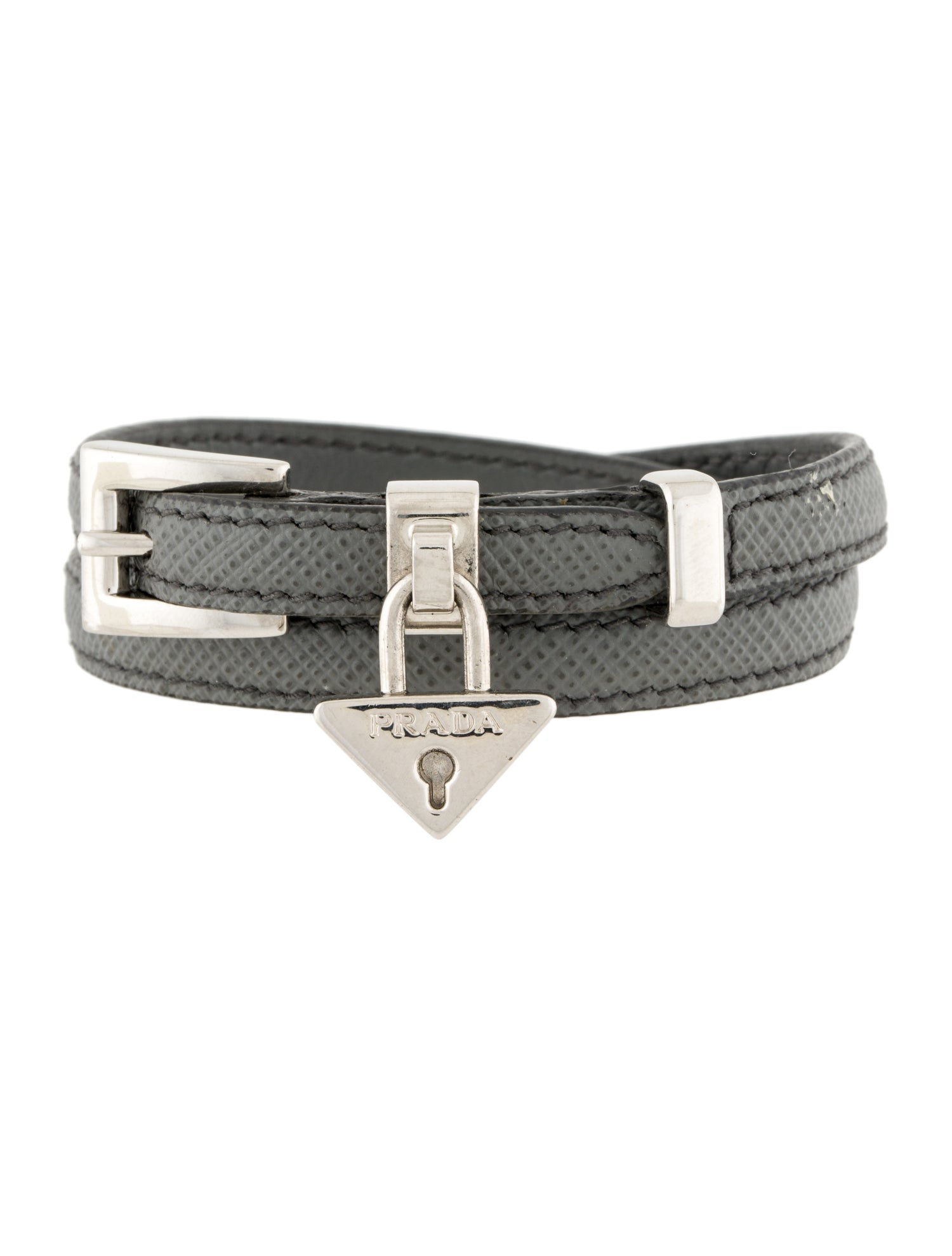 Prada Saffiano Leather Logo Lock Wrap Bracelet - Grey, Silver-Tone ...