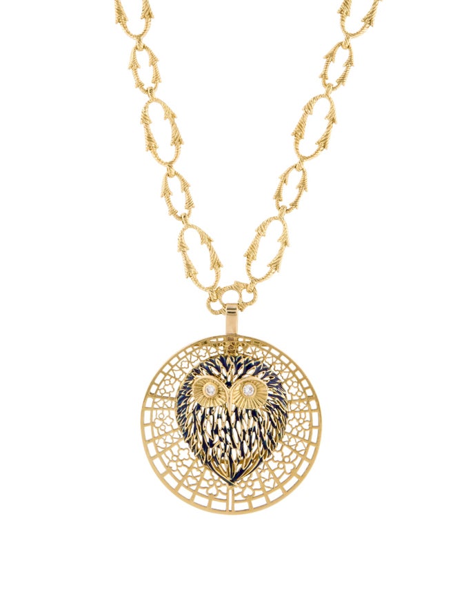 Peter Lindeman 18K Diamond & Enamel Owl Enhancer Pendant Necklace ...