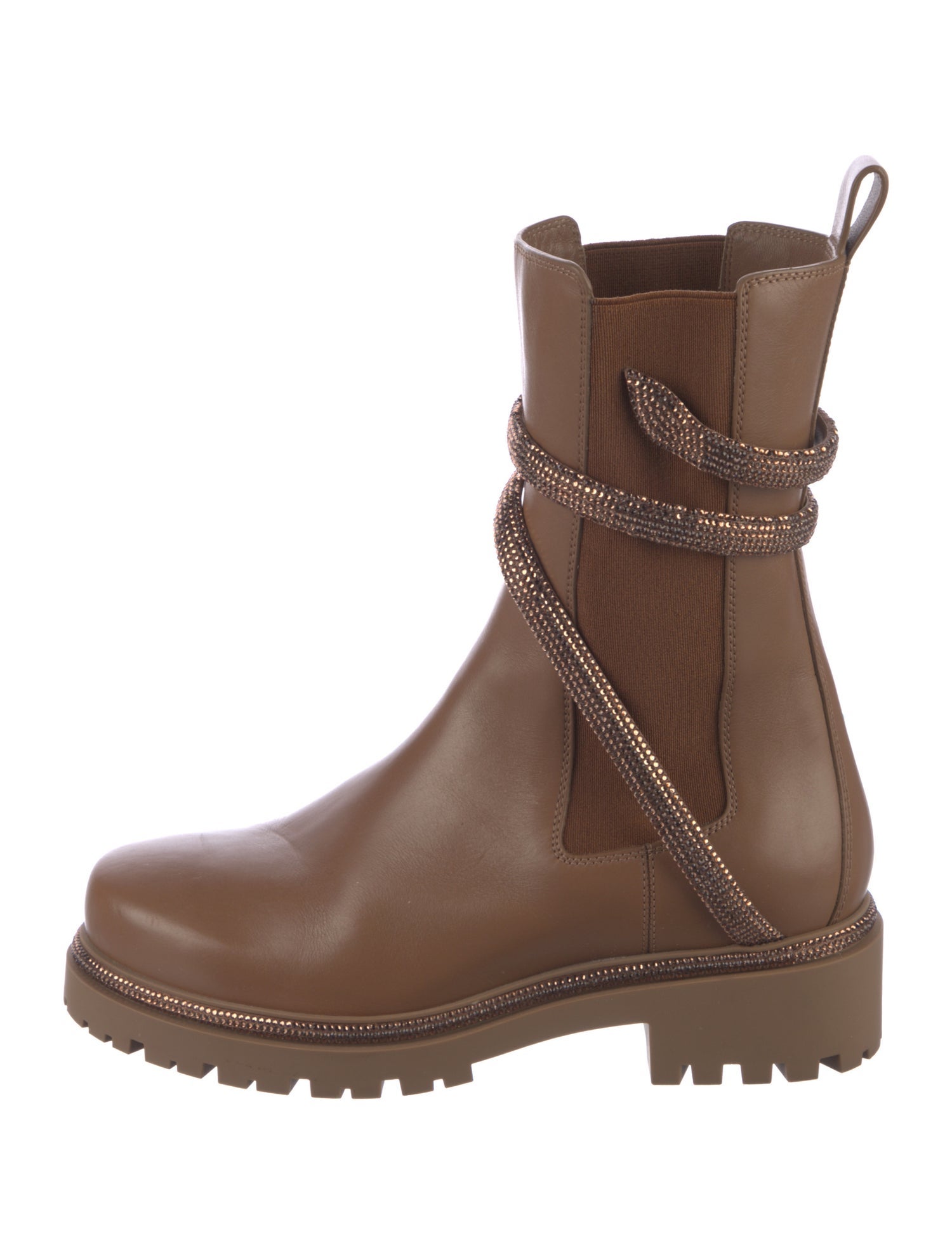 René Caovilla Leather Crystal Embellishments Moto Boots - Brown Boots ...