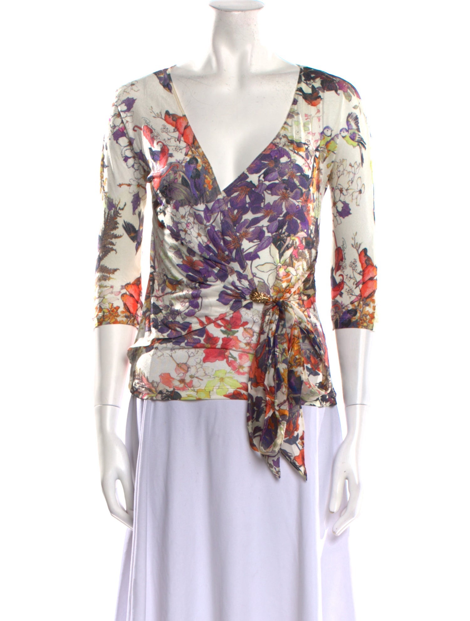 Roberto Cavalli Floral Print V-Neck Blouse - White Tops, Clothing ...