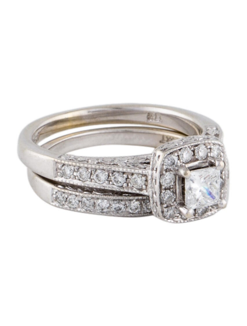 Ring 14K Diamond Halo Engagement Ring Set - Rhodium-Plated 14K White ...