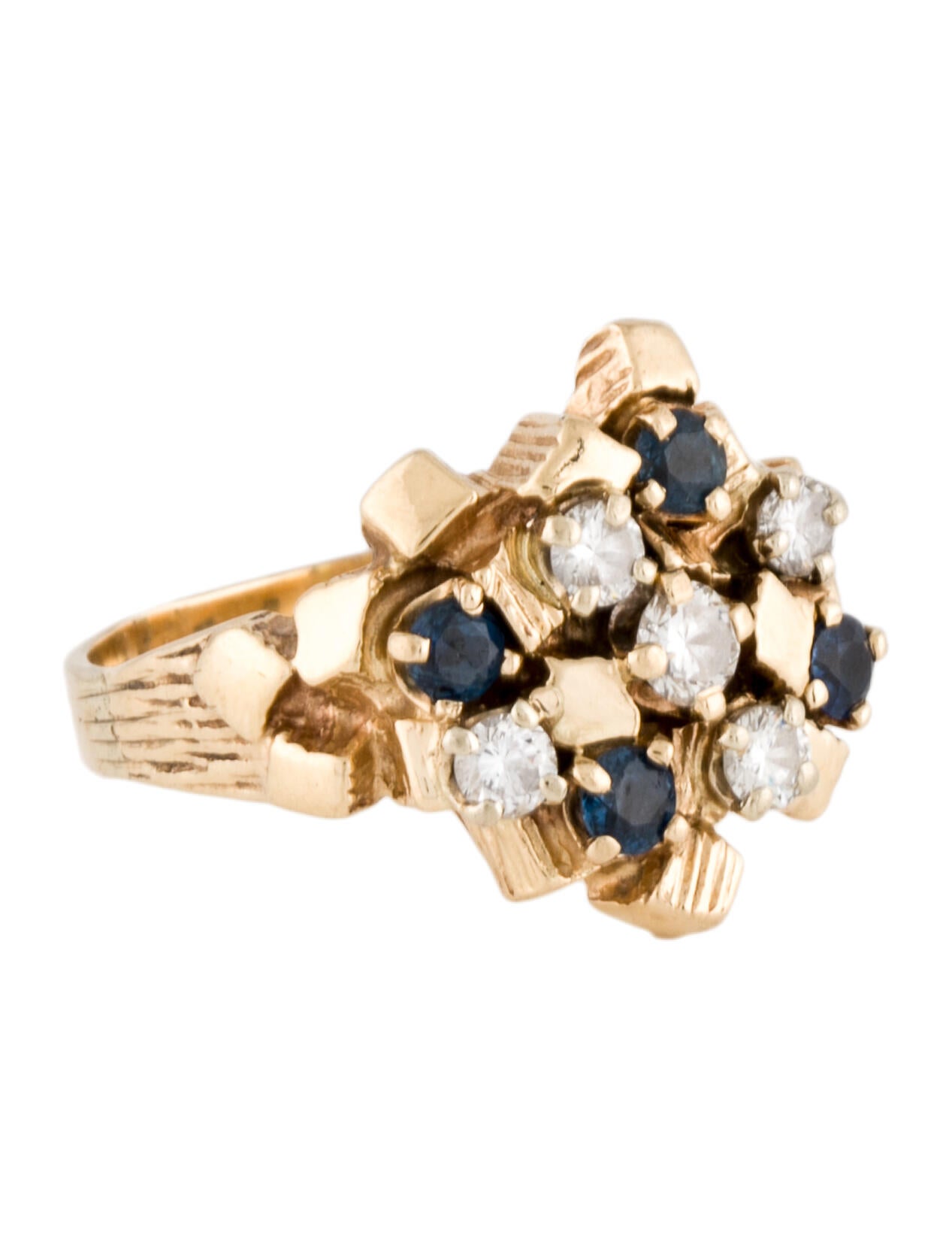 Ring 14K Diamond & Sapphire Cluster Nugget Ring - 14K Yellow Gold ...