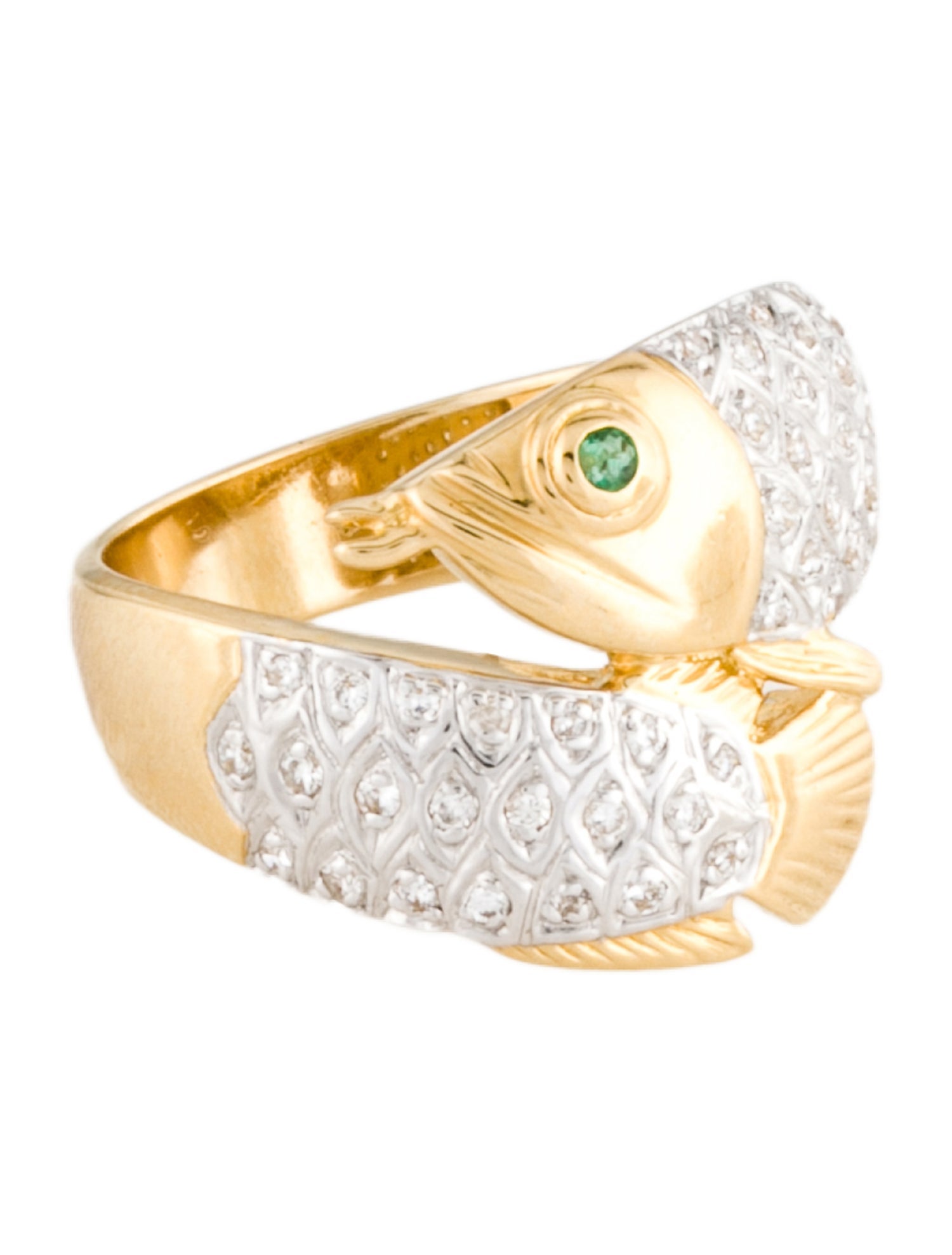 Ring 18K Emerald & Diamond Fish Bypass Ring - 18K Yellow Gold Band ...