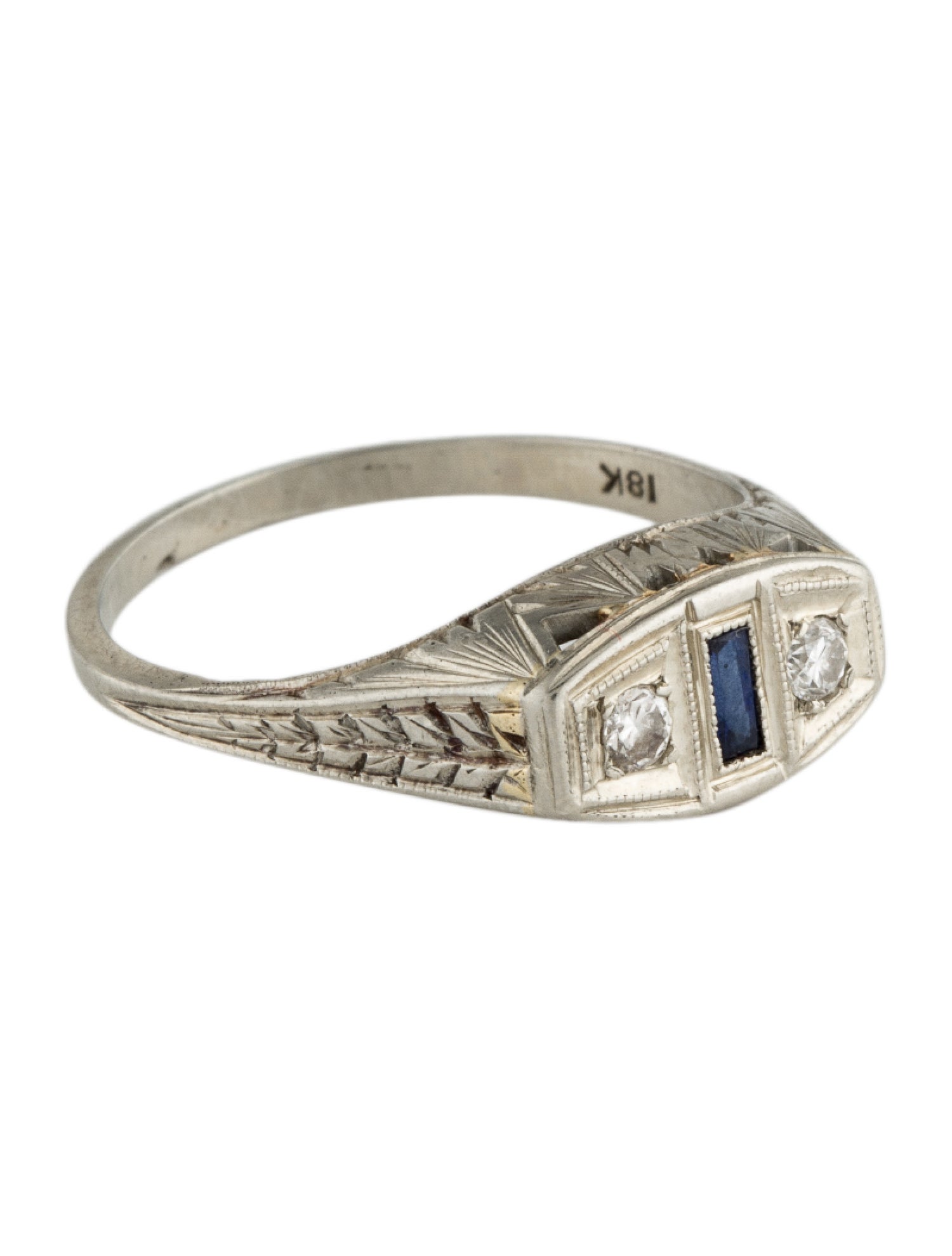Ring Art Deco Synthetic Sapphire & Diamond Signet Ring - 18K White Gold ...