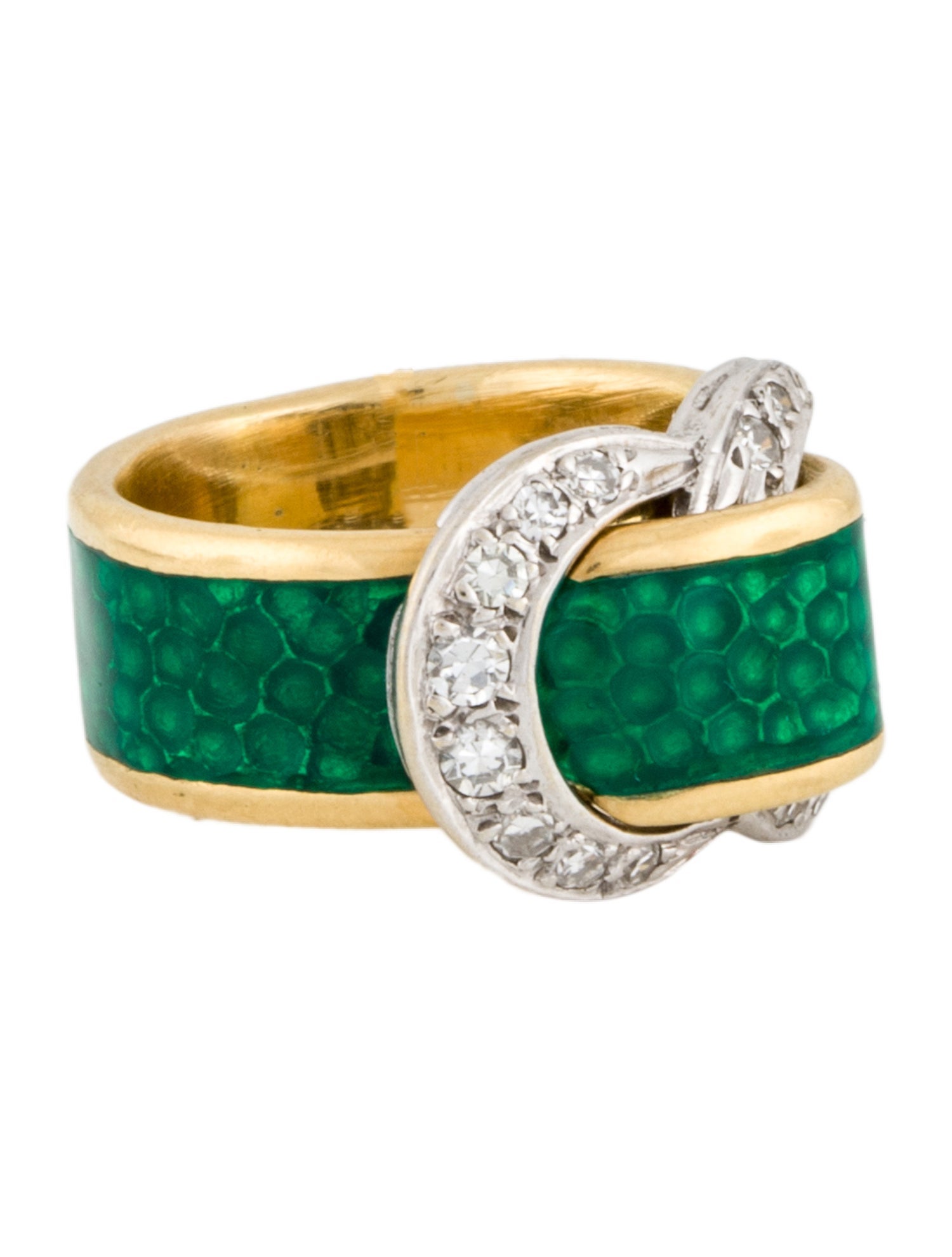 Ring 18K Diamond & Enamel Buckle Band - Green, 18K Yellow Gold Band ...