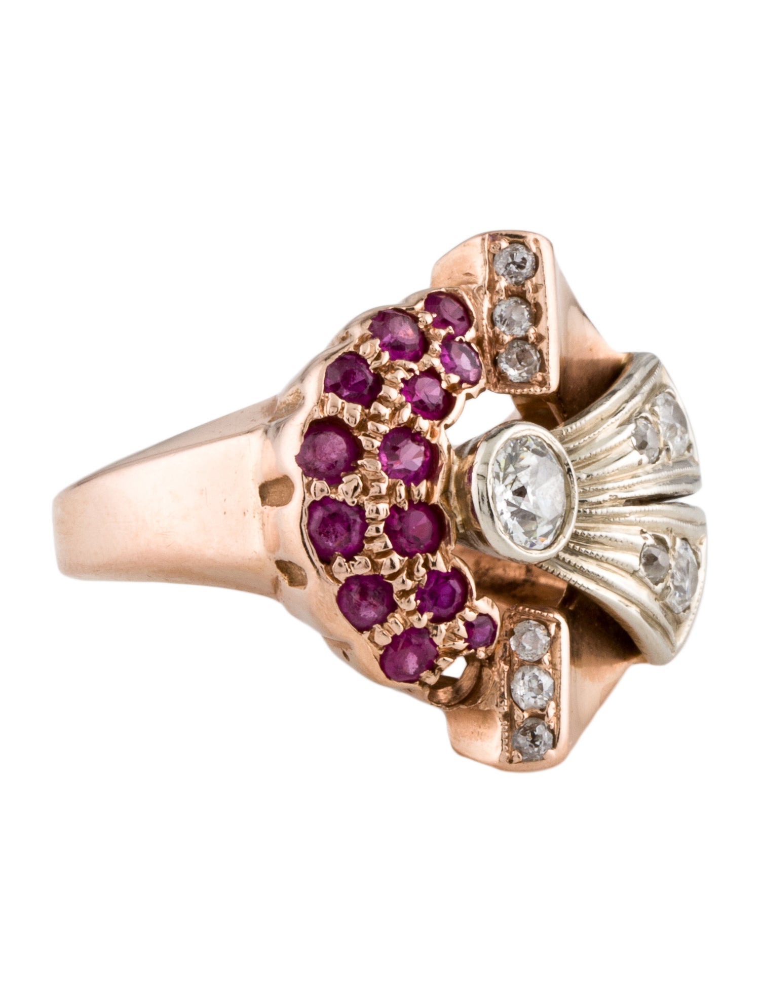 Ring Vintage 14K Diamond & Ruby Cocktail Ring - 14K Rose Gold Signet ...
