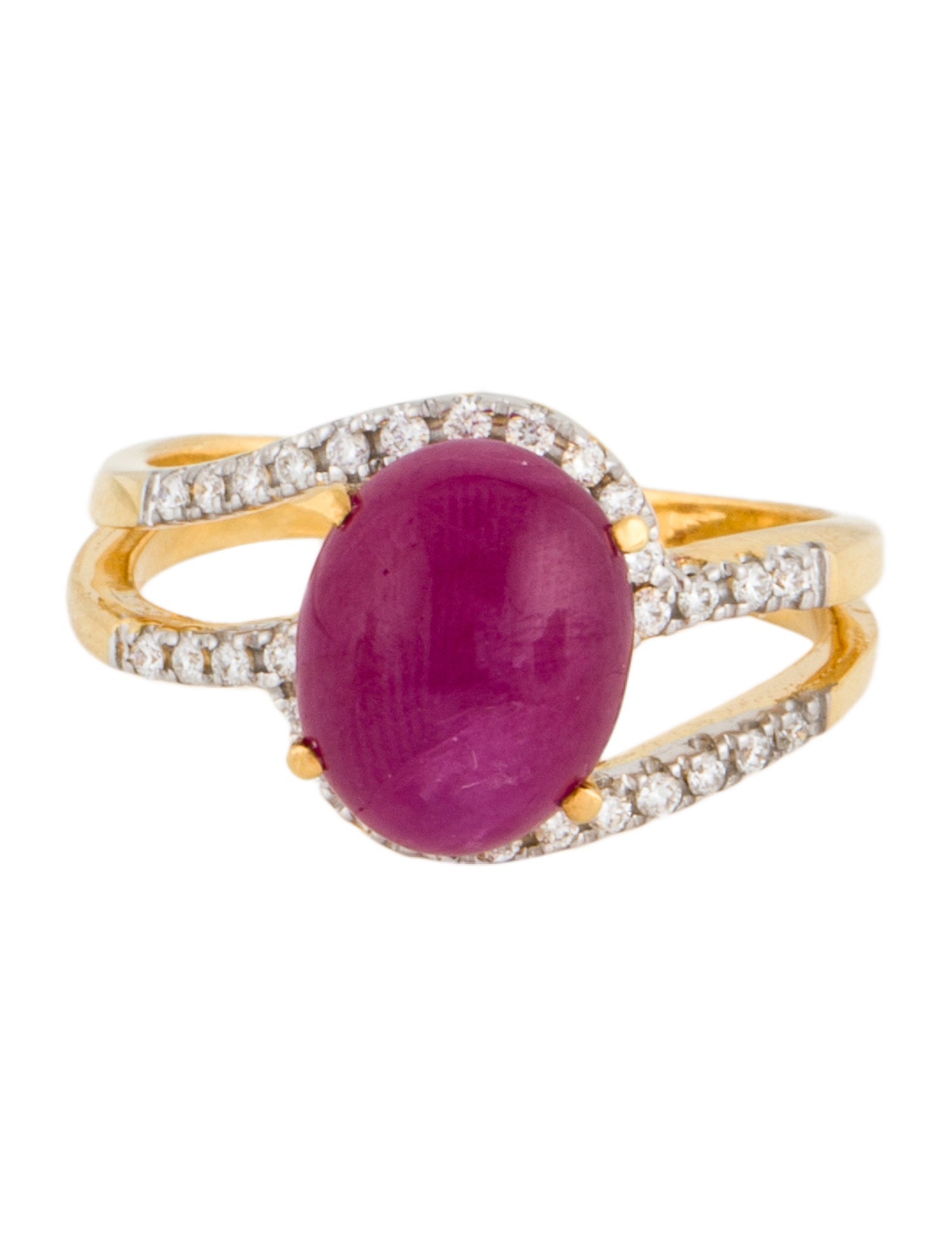 Ring 18K 3.68ct Ruby & Diamond Cabochon Ring - 18K Yellow Gold Cocktail Ring, Rings ...
