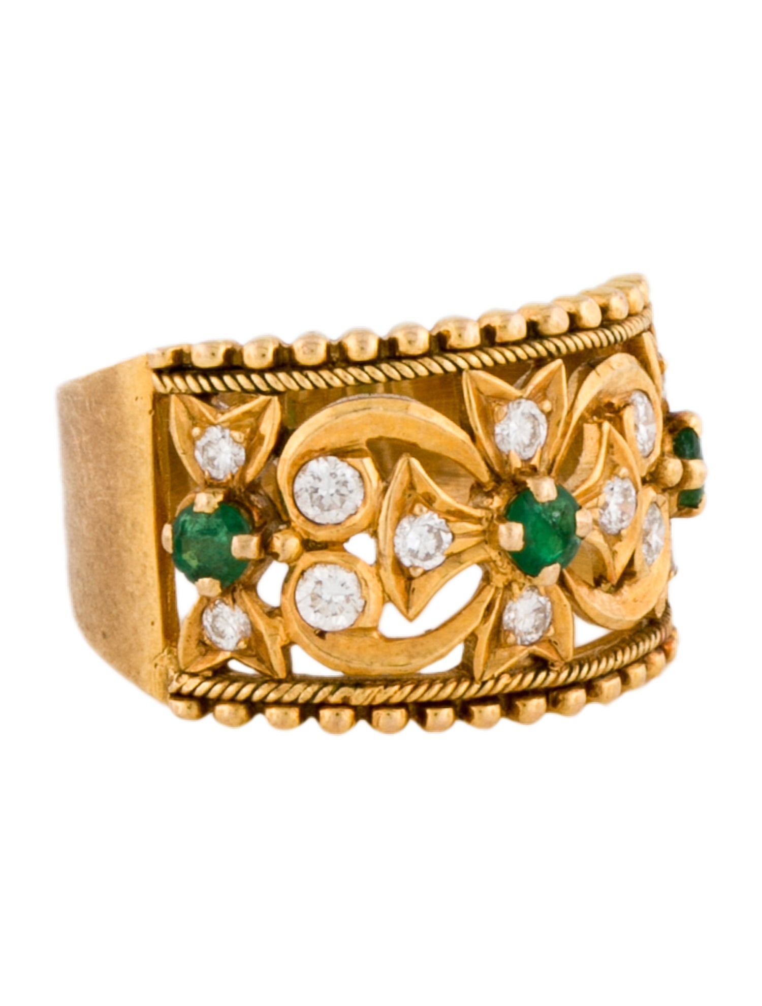 Ring 14K Diamond & Emerald Ornate Band Ring - 14K Yellow Gold Band ...