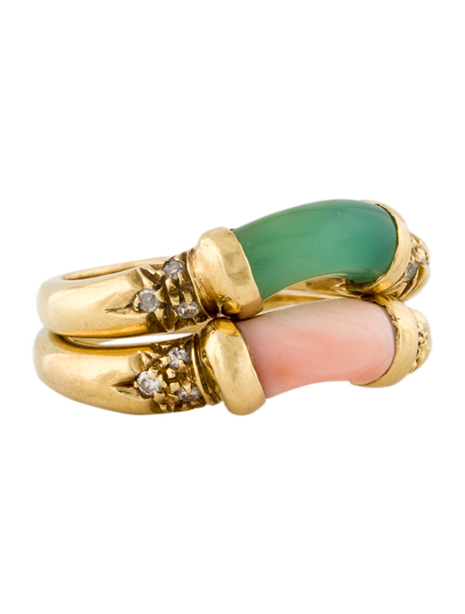 Ring 18K Coral, Chrysoprase & Diamond Stacking Ring Set - 18K Yellow ...