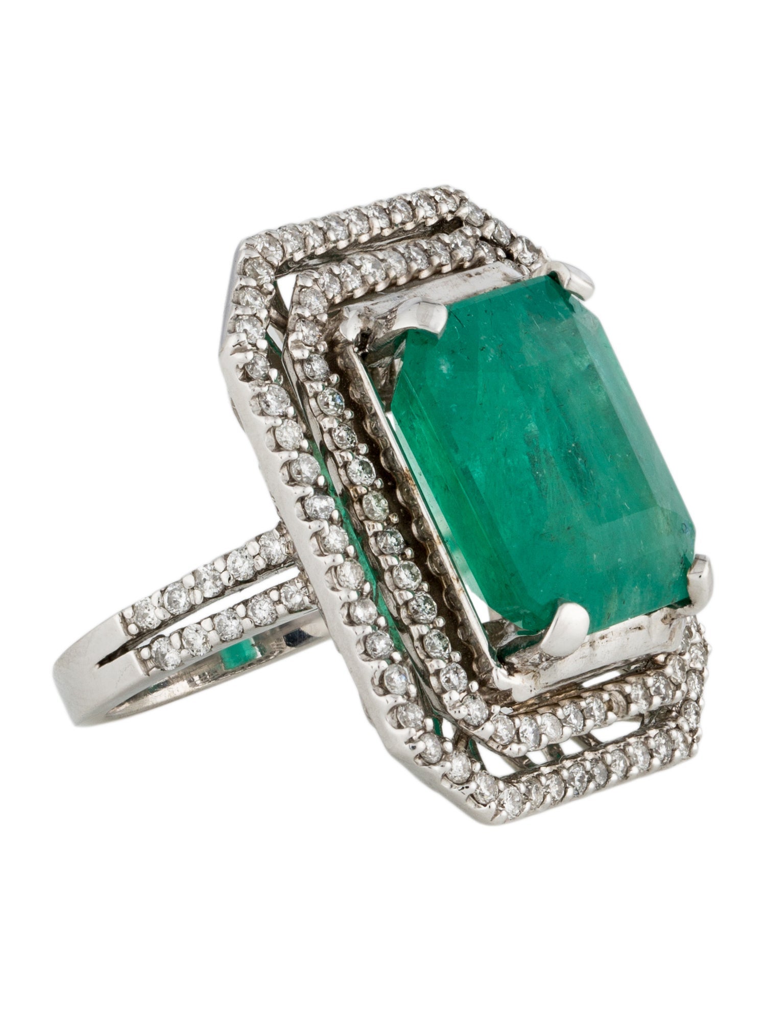 Ring 14K 12.16ct Emerald & Diamond Cocktail Ring - Rhodium-Plated 14K ...