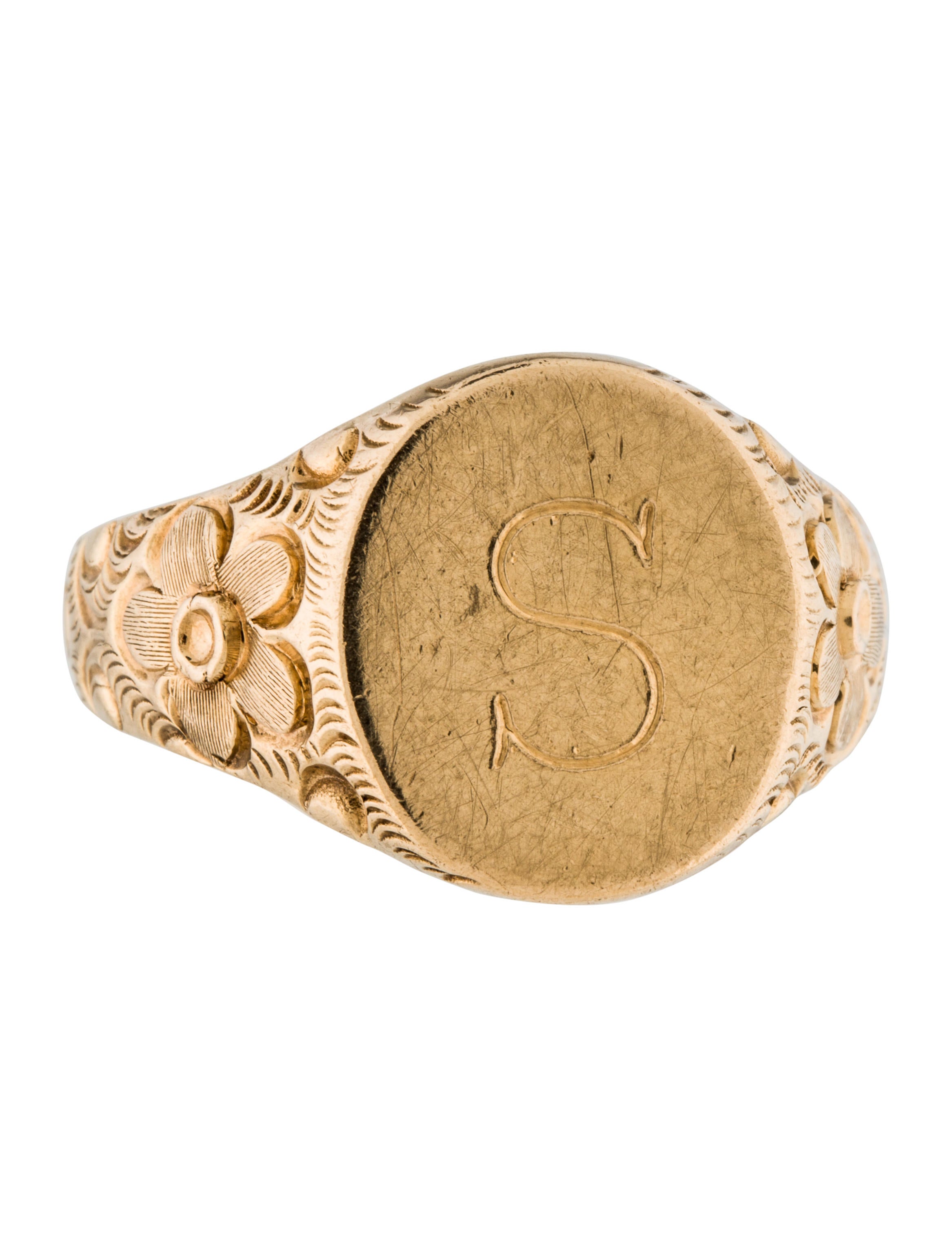 Ring 14K Letter S Floral Ring - Gold Signet Ring, Rings - RRING37102 ...