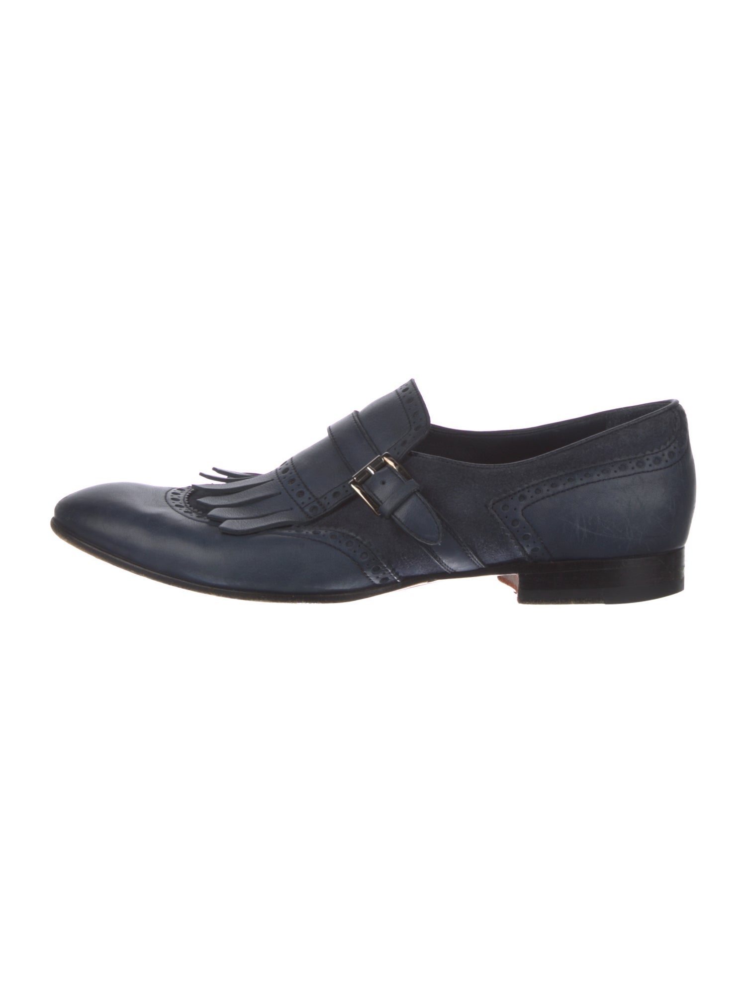 Santoni Leather Fringe Trim Accent Monk Straps - Blue Monk Straps ...
