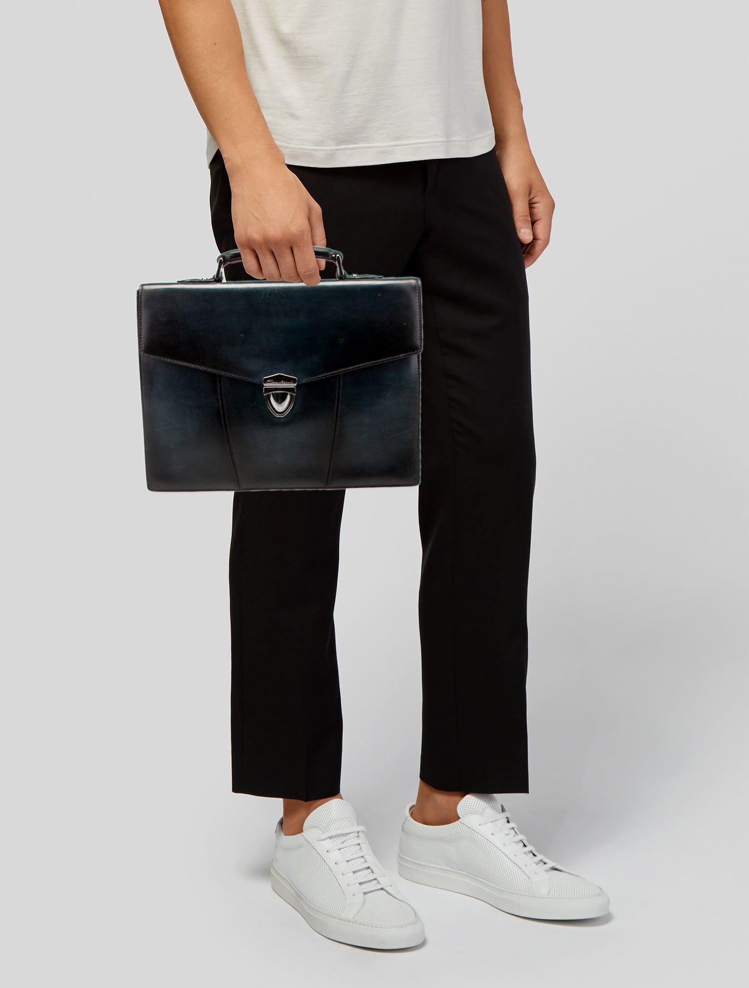 Bottega Veneta Intrecciato-Trimmed Ostrich Briefcase - Blue Briefcases ...