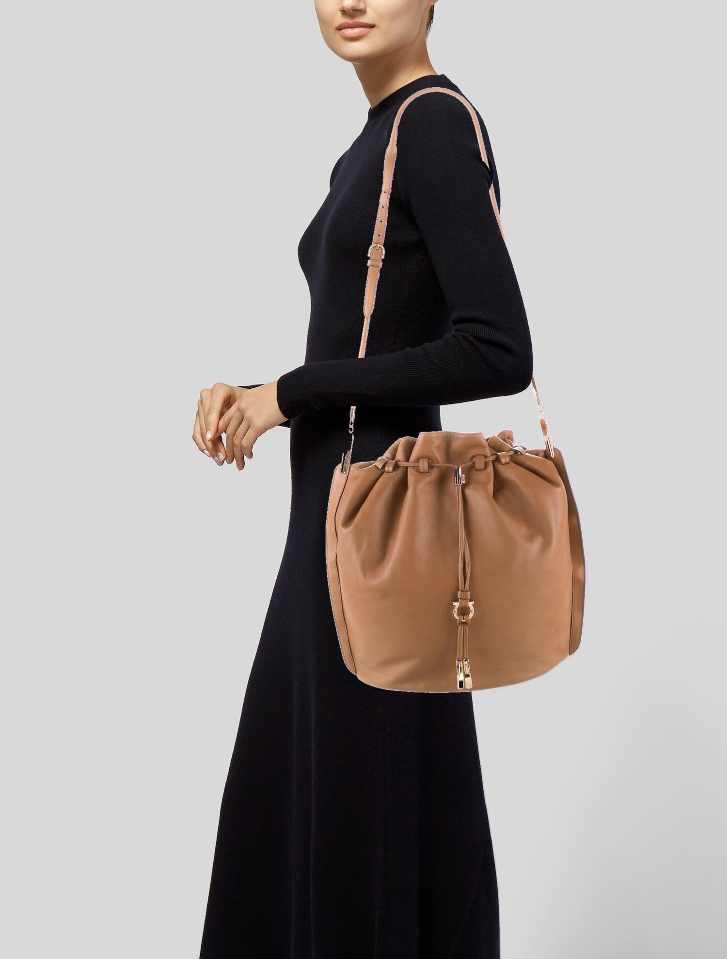 Salvatore Ferragamo Leather Drawstring Bucket Bag - Brown Bucket Bags ...