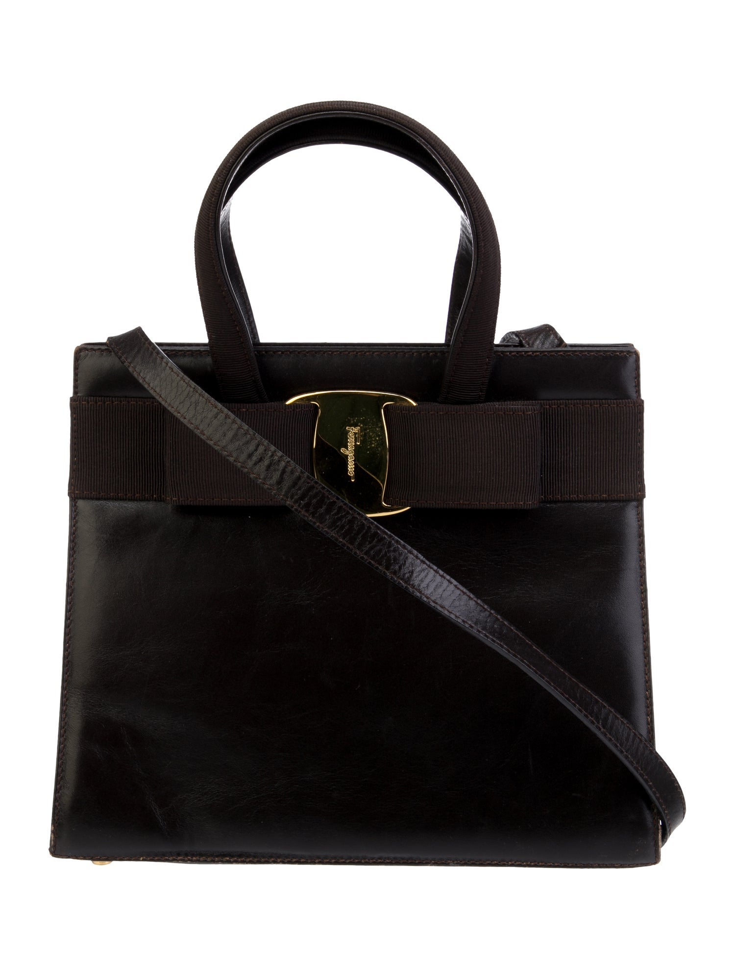 Salvatore Ferragamo Leather Grosgrain Hand - Black Handle Bags ...