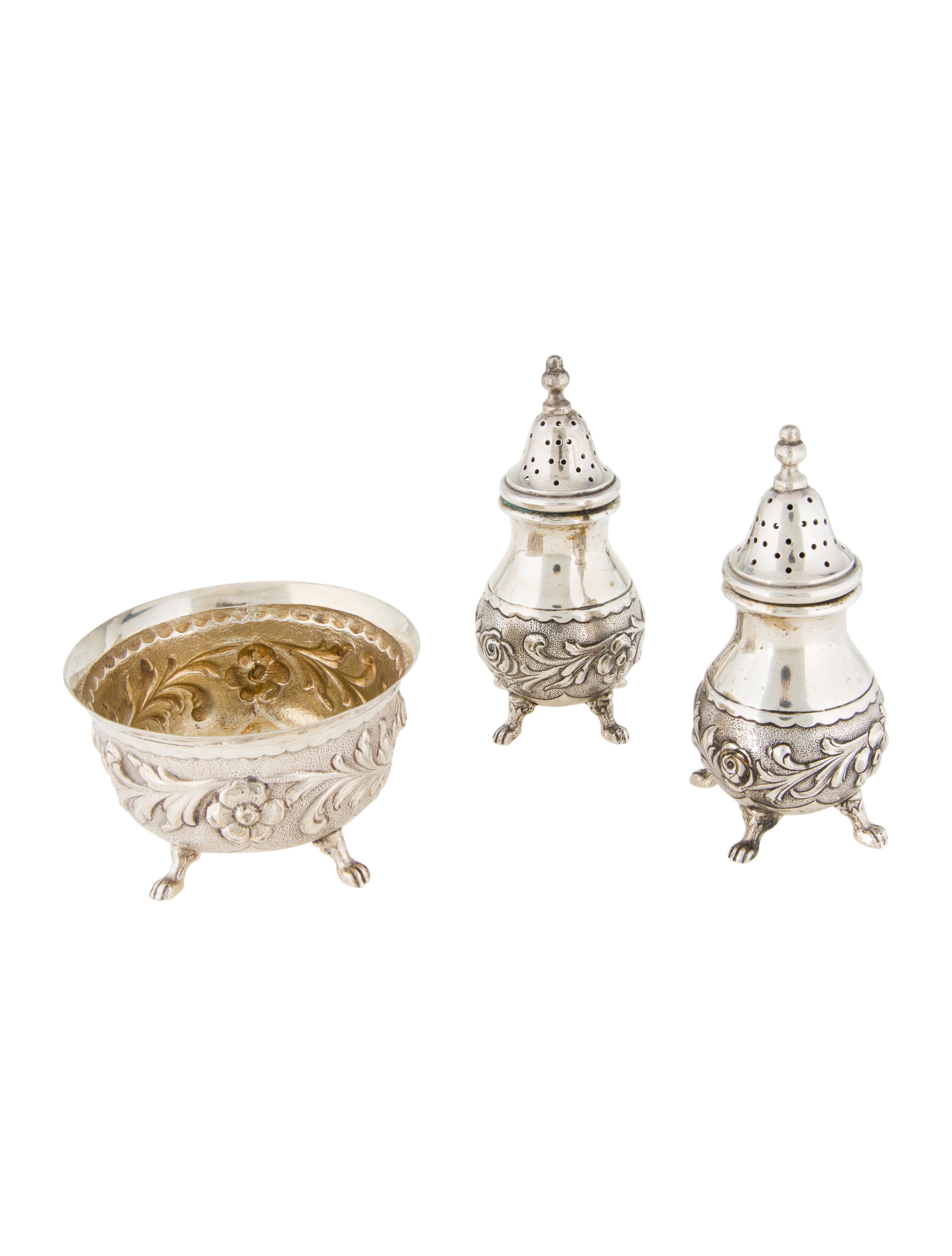 Sterling Silver 3-Piece Repoussé Salt & Pepper Set - Silver, 3 pieces ...