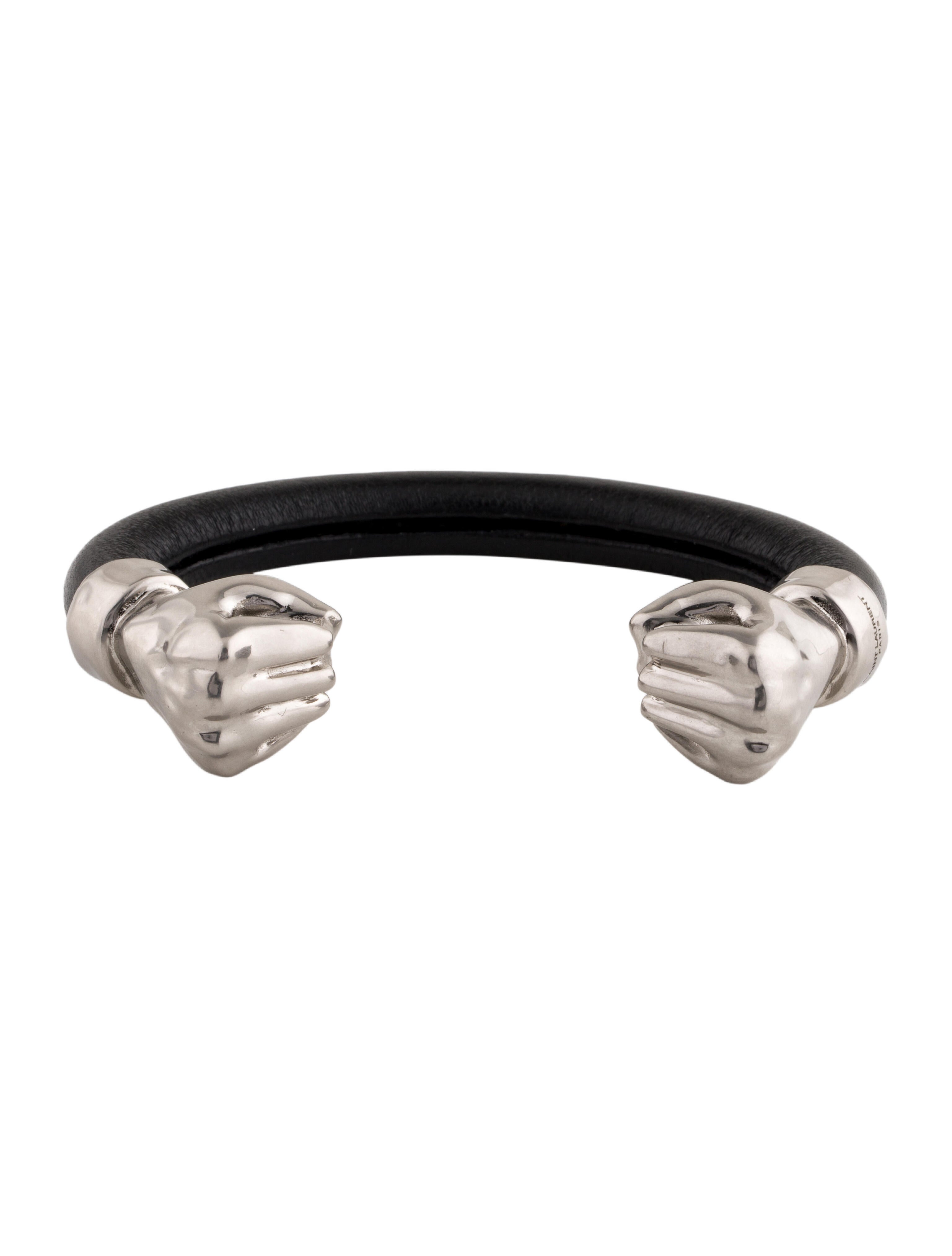 Saint Laurent Leather Fist Cuff - Black, Silver-Tone Metal Cuff ...