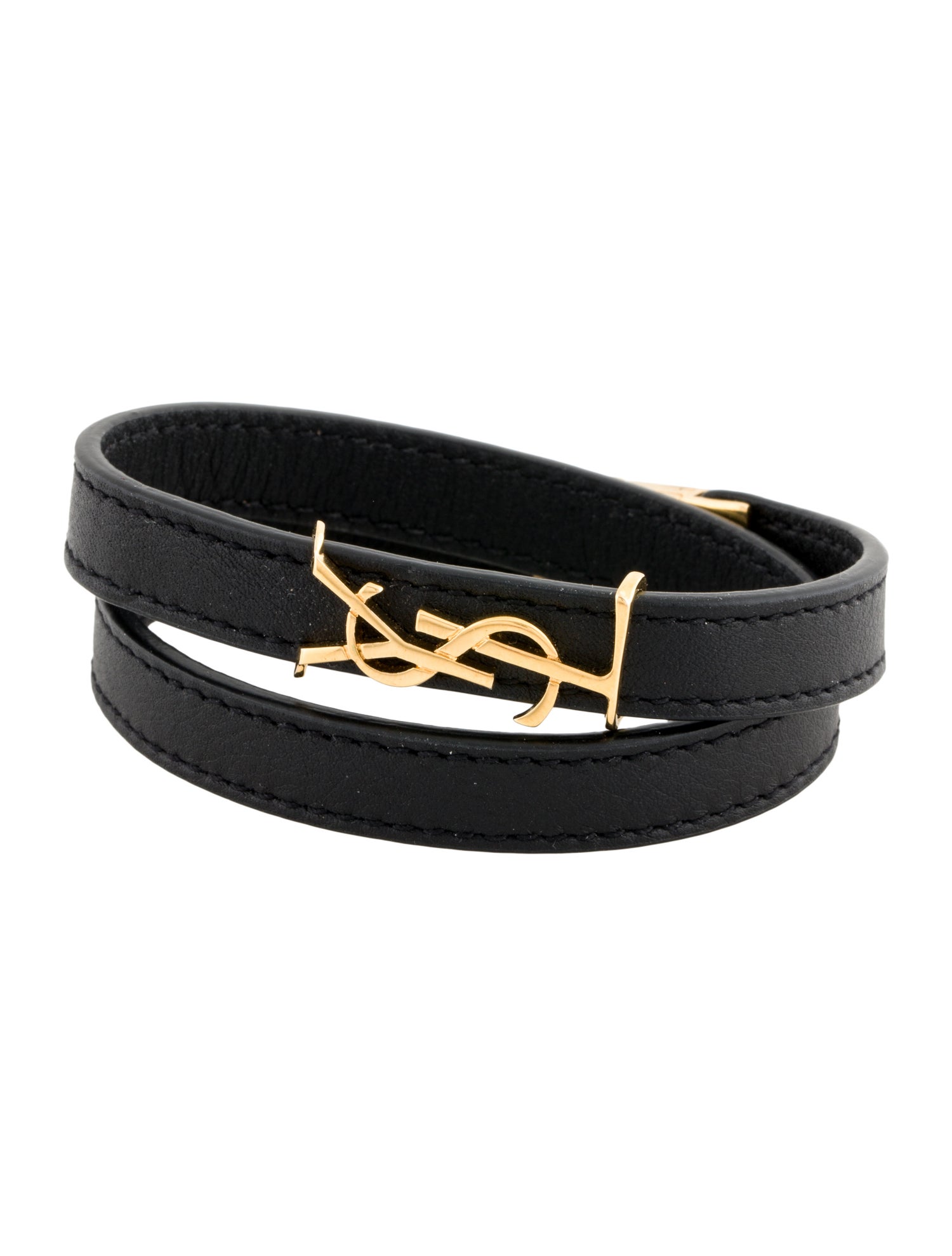 Saint Laurent Leather Cassandre Double Wrap Bracelet - Black, Gold-Tone Metal Wrap, Bracelets ...