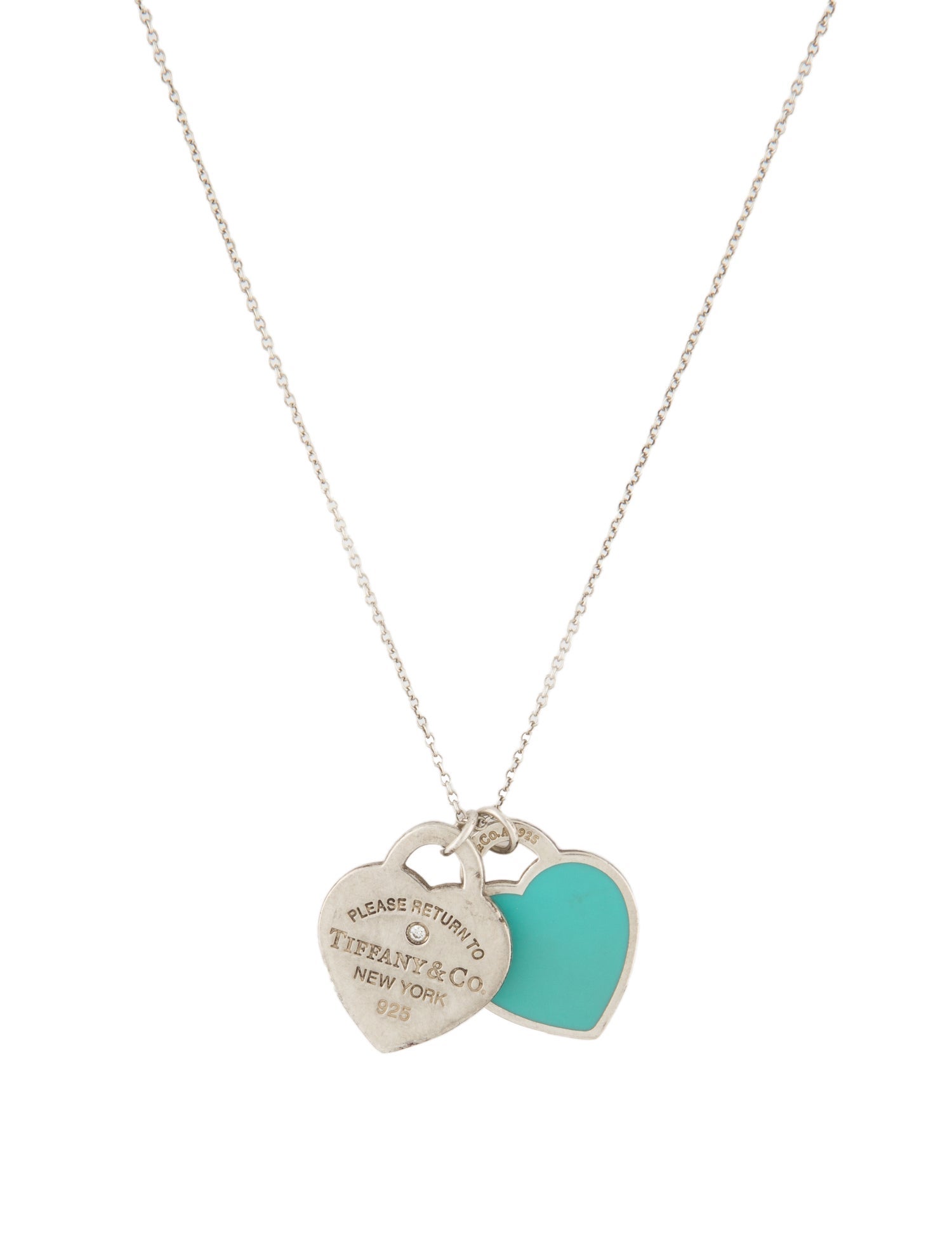 Tiffany & Co. Diamond & Enamel Blue Double Heart Tag Pendant Necklace ...