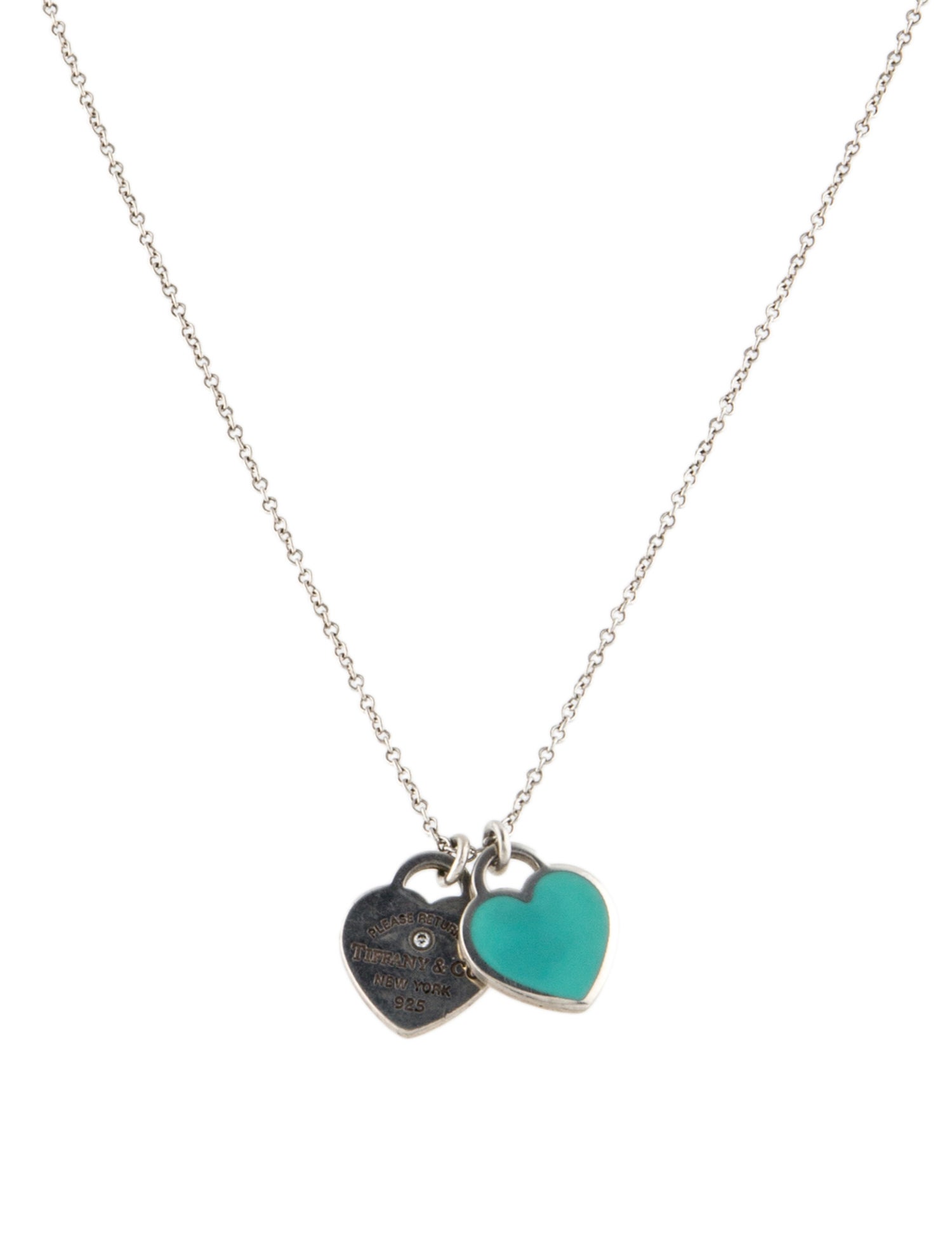 Tiffany & Co. Diamond & Enamel Blue Double Heart Tag Pendant Necklace ...