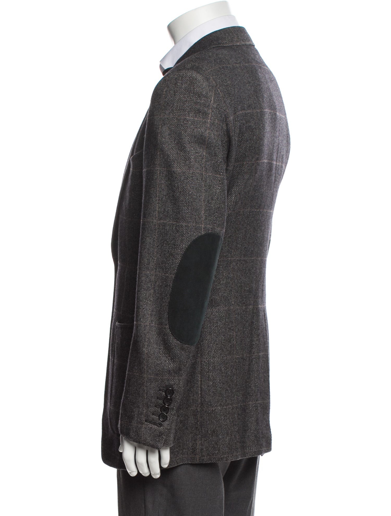 Tom Ford Tweed Pattern Leather Trim Embellishment Blazer - Grey Suiting ...