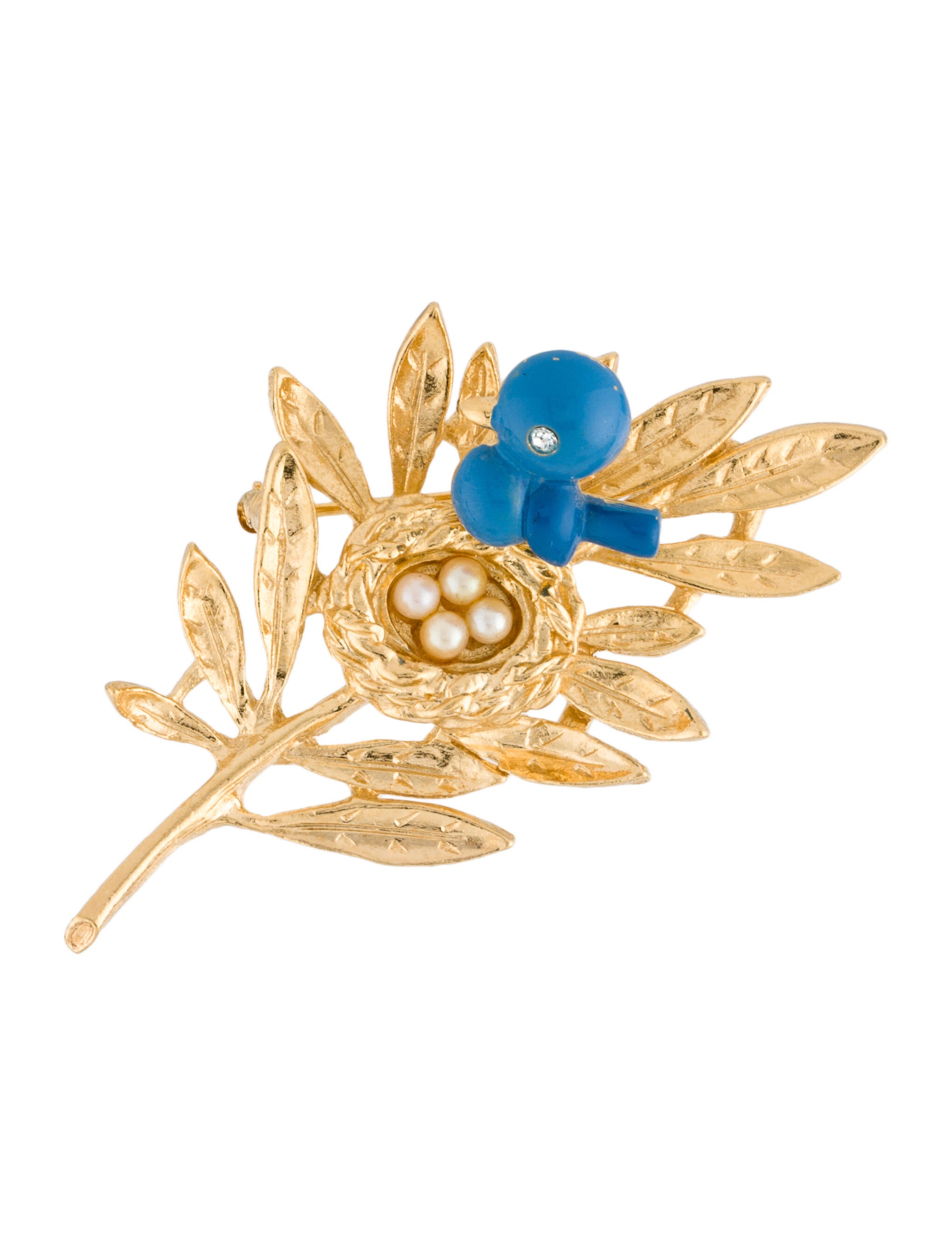 Trifari Vintage Faux Pearl, Crystal, & Enamel Bird's Nest Pin - Gold ...