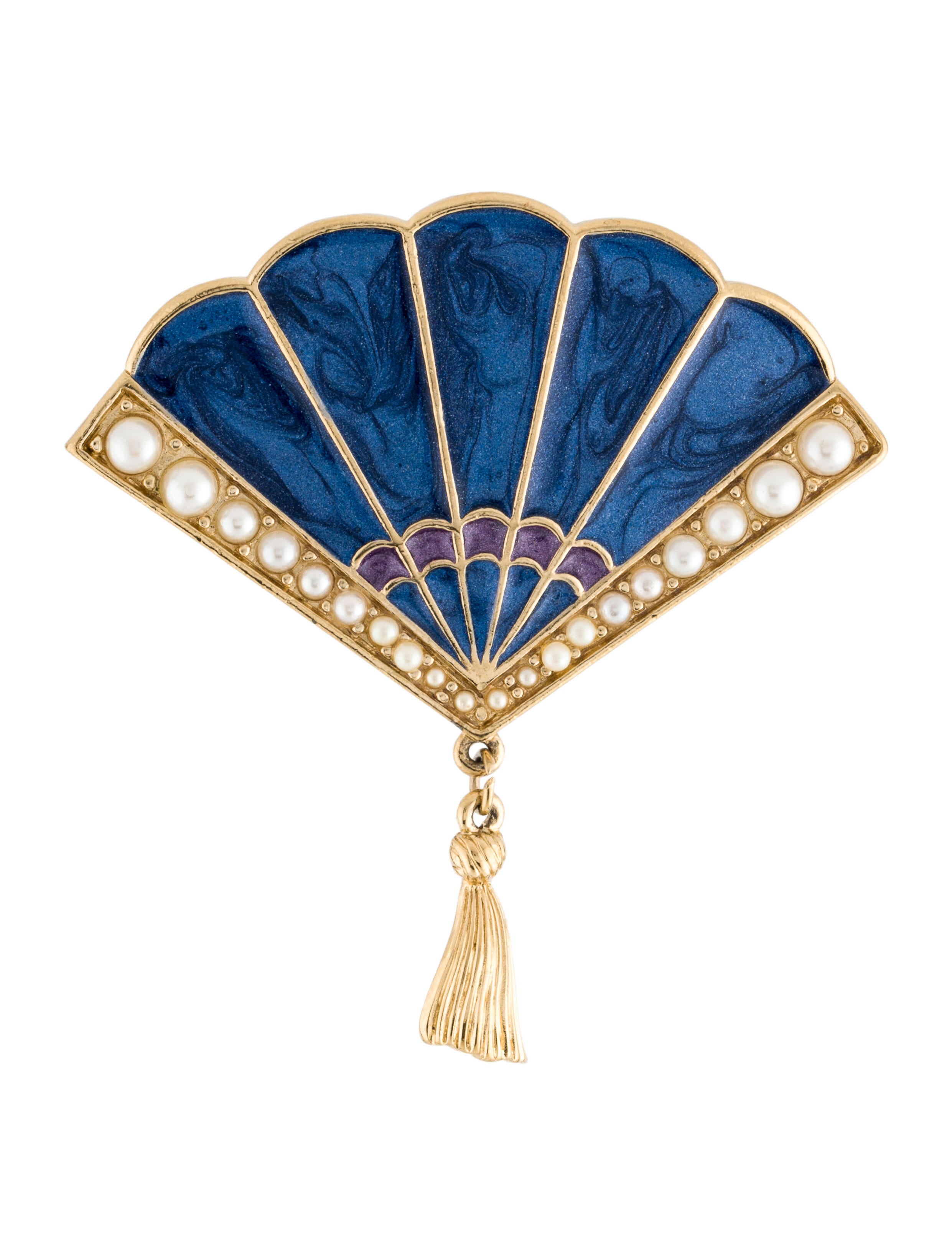 Trifari Faux Pearl & Enamel Fan Brooch - Gold-Plated Pin, Brooches ...