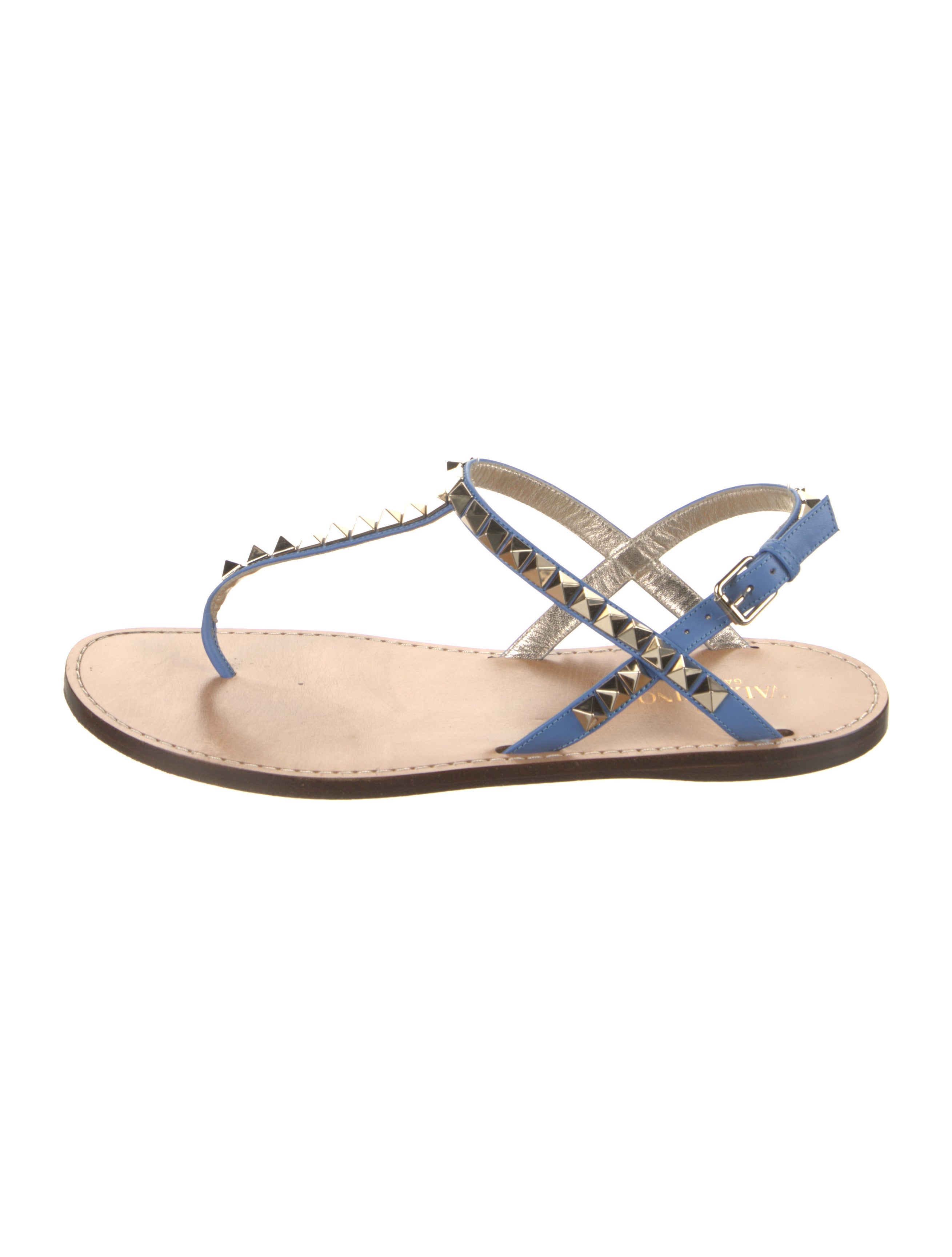 Valentino Rockstud Accents Leather T-Strap Sandals - Blue Sandals ...