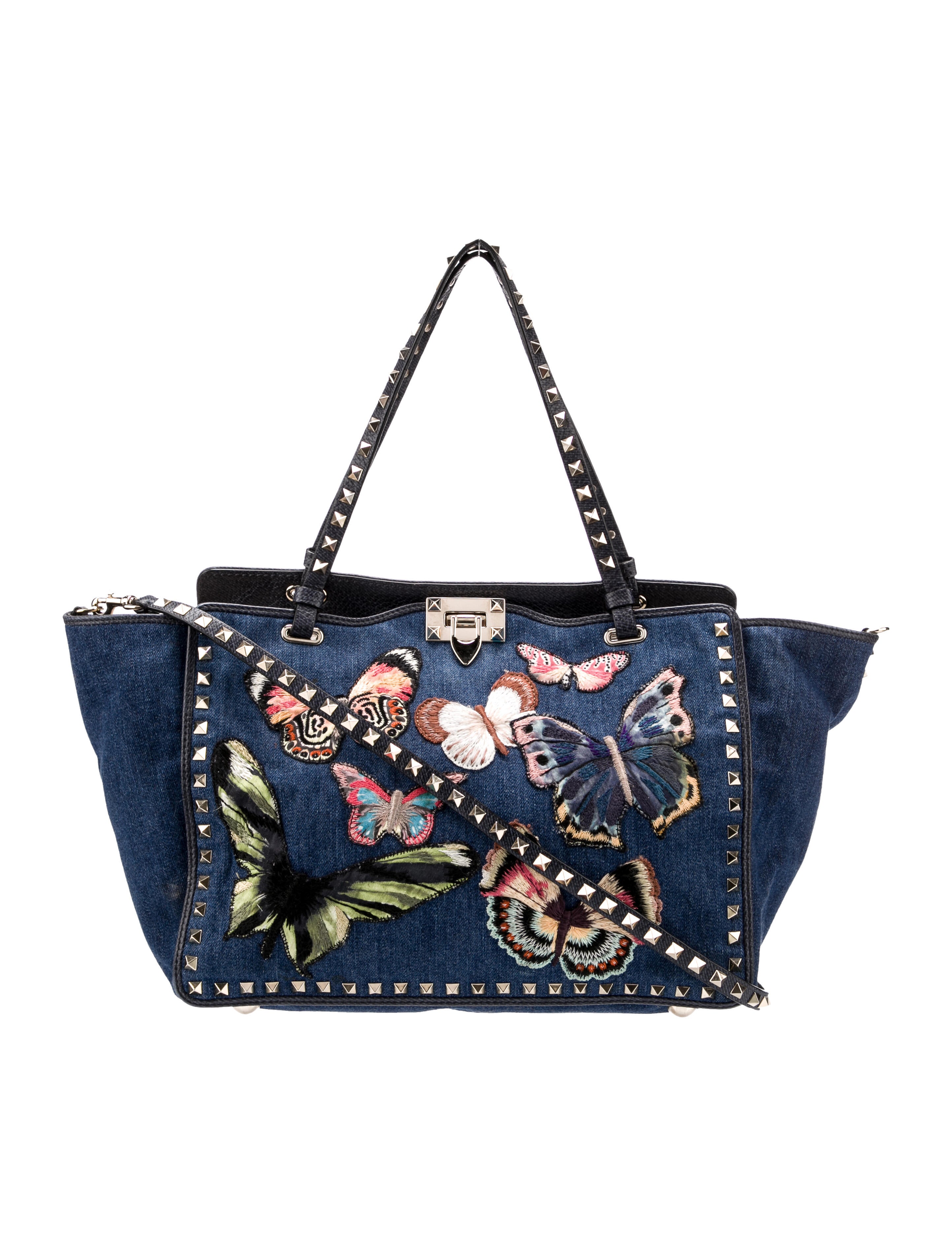 Valentino Denim Butterfly Embroidered Rockstud Tote - Blue Totes ...