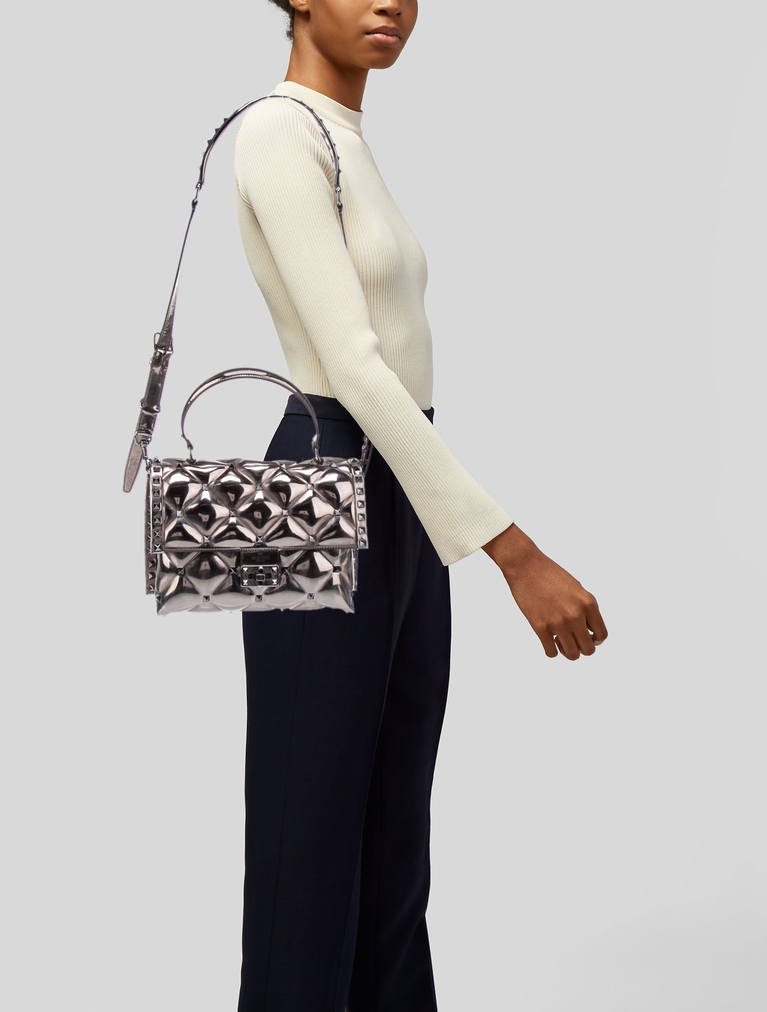 Valentino Candystud Metallic PVC Rockstud Handle Bag - Silver Handle ...
