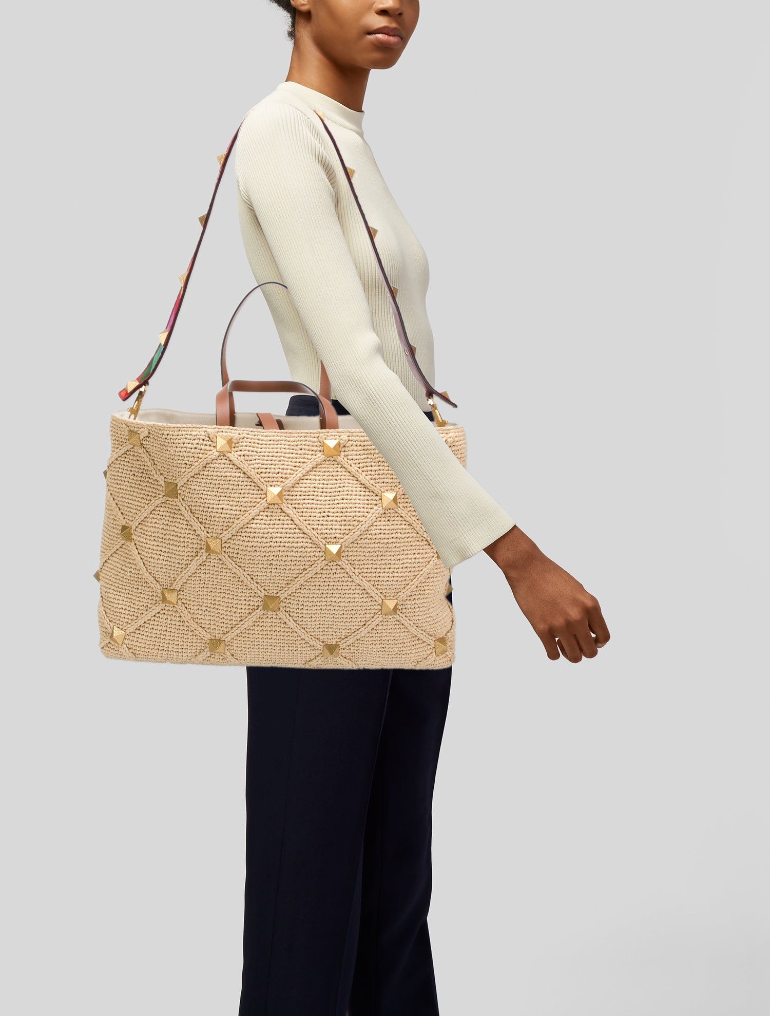 Valentino Raffia Roman Stud Tote - Neutrals Totes, Handbags - VAL402178 ...