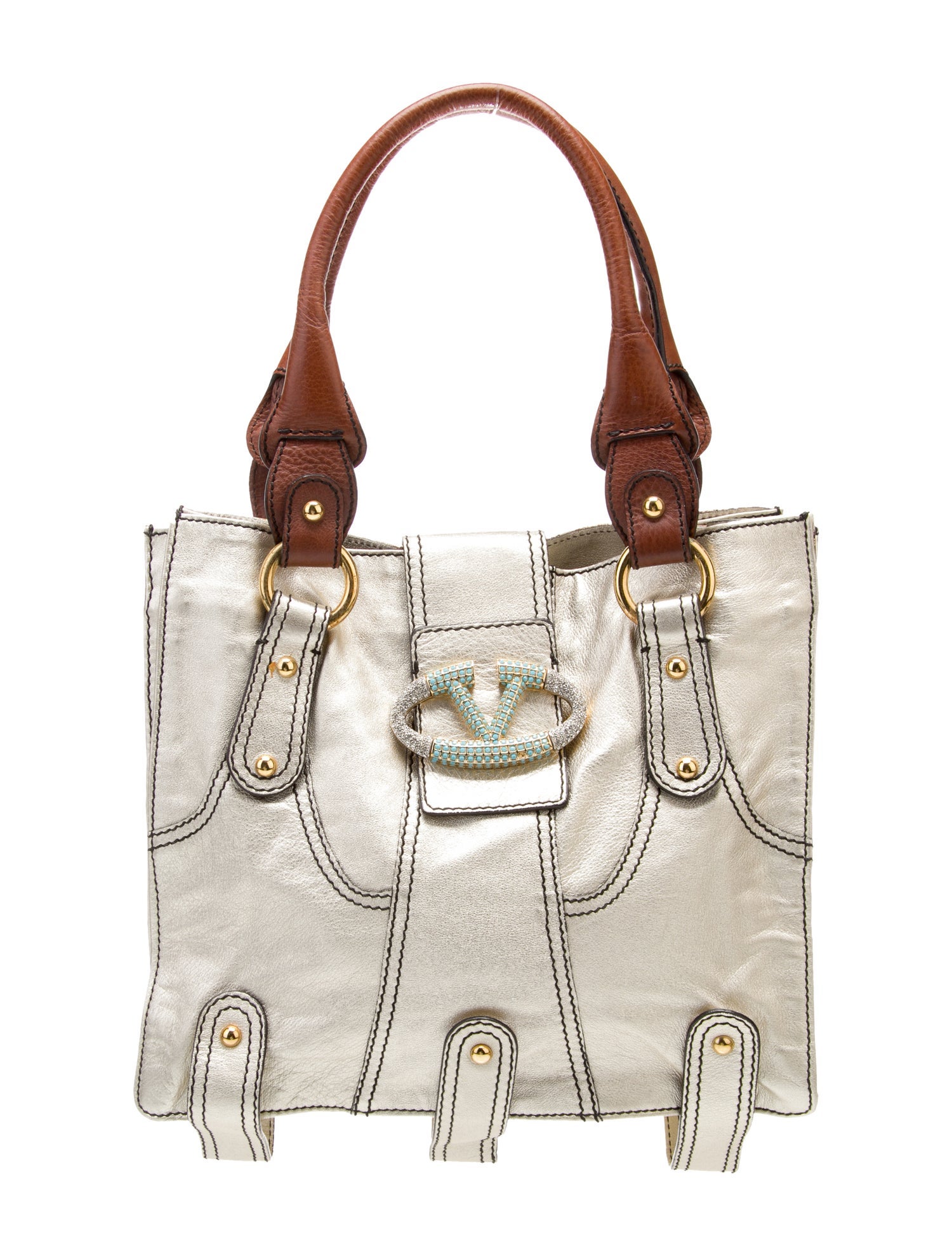 Valentino Metallic Leather VLogo Handle Bag - Silver Handle Bags ...